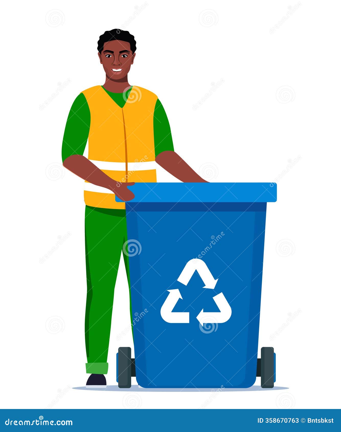 Garbage Man in Uniform with Blue Trash Bin and Recycling Symbol on it ...