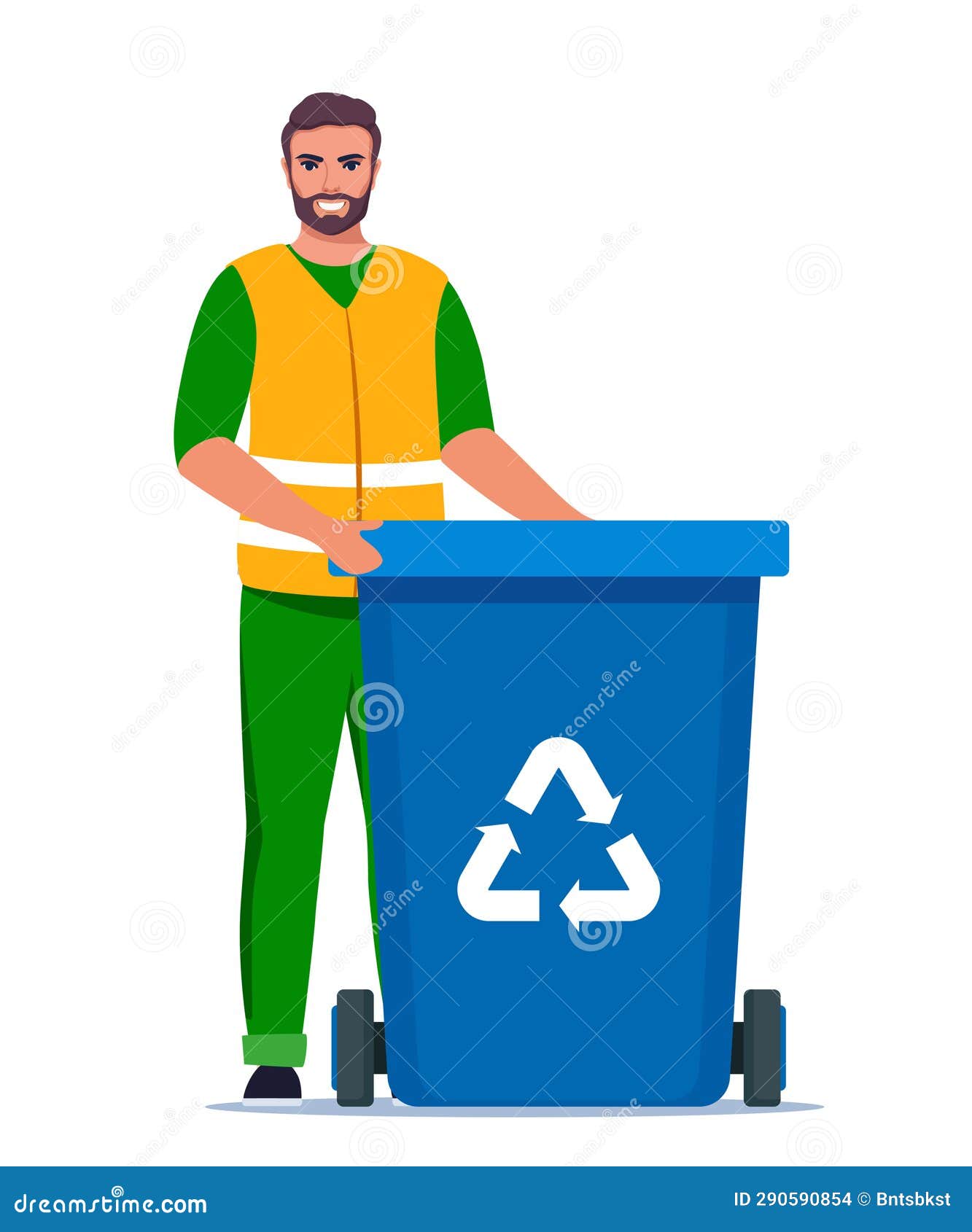 Garbage Man in Uniform with Blue Trash Bin and Recycling Symbol on it ...