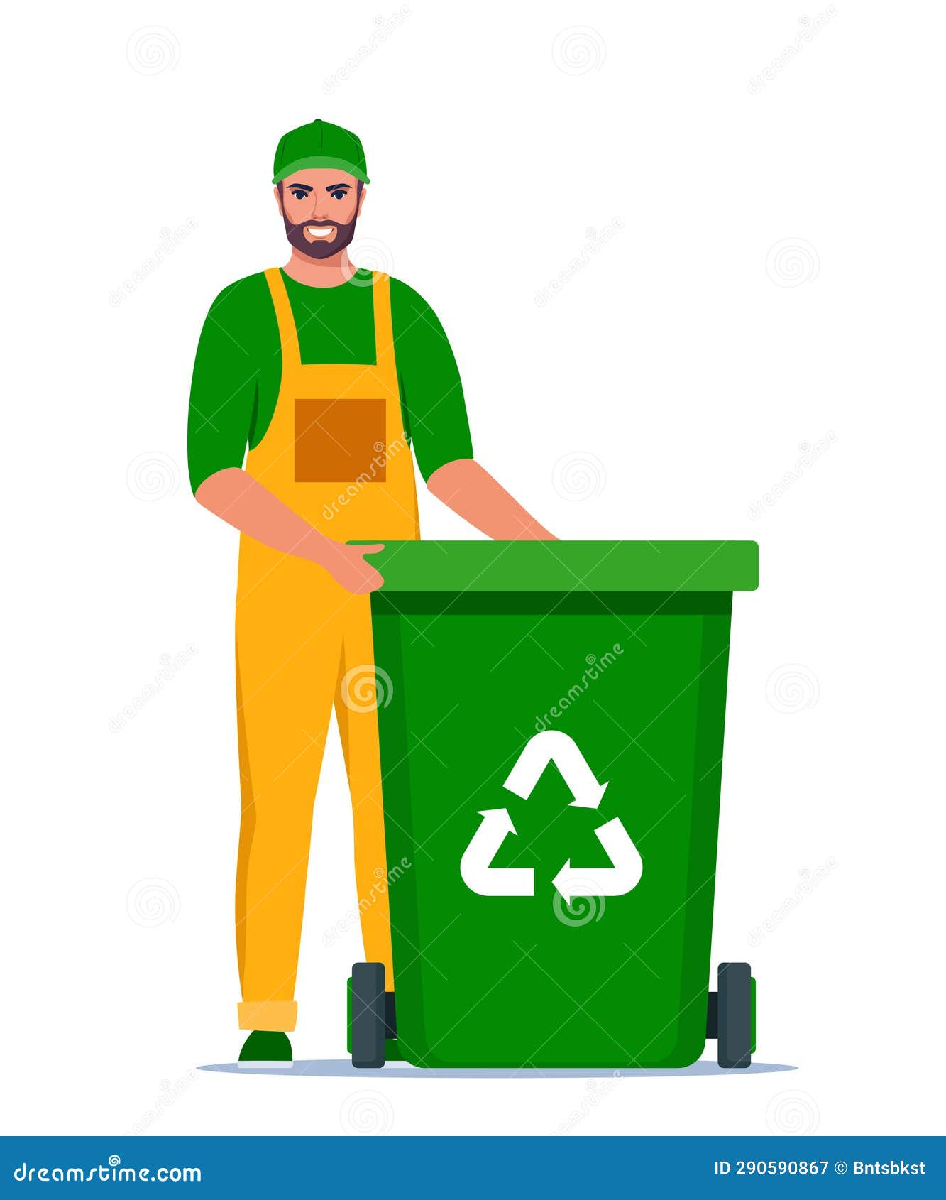 Garbage Man in Uniform with Green Trash Bin and Recycling Symbol on it ...