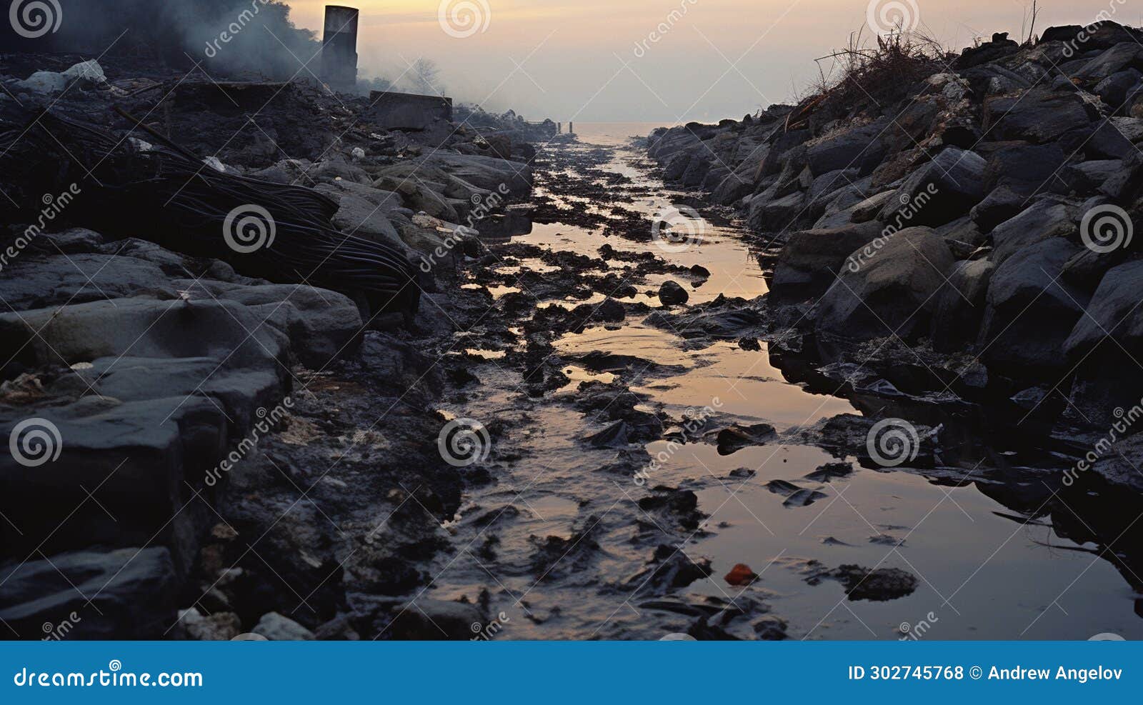 Garbage in the Mud and Puddles on the Dirt Road. Environmental ...