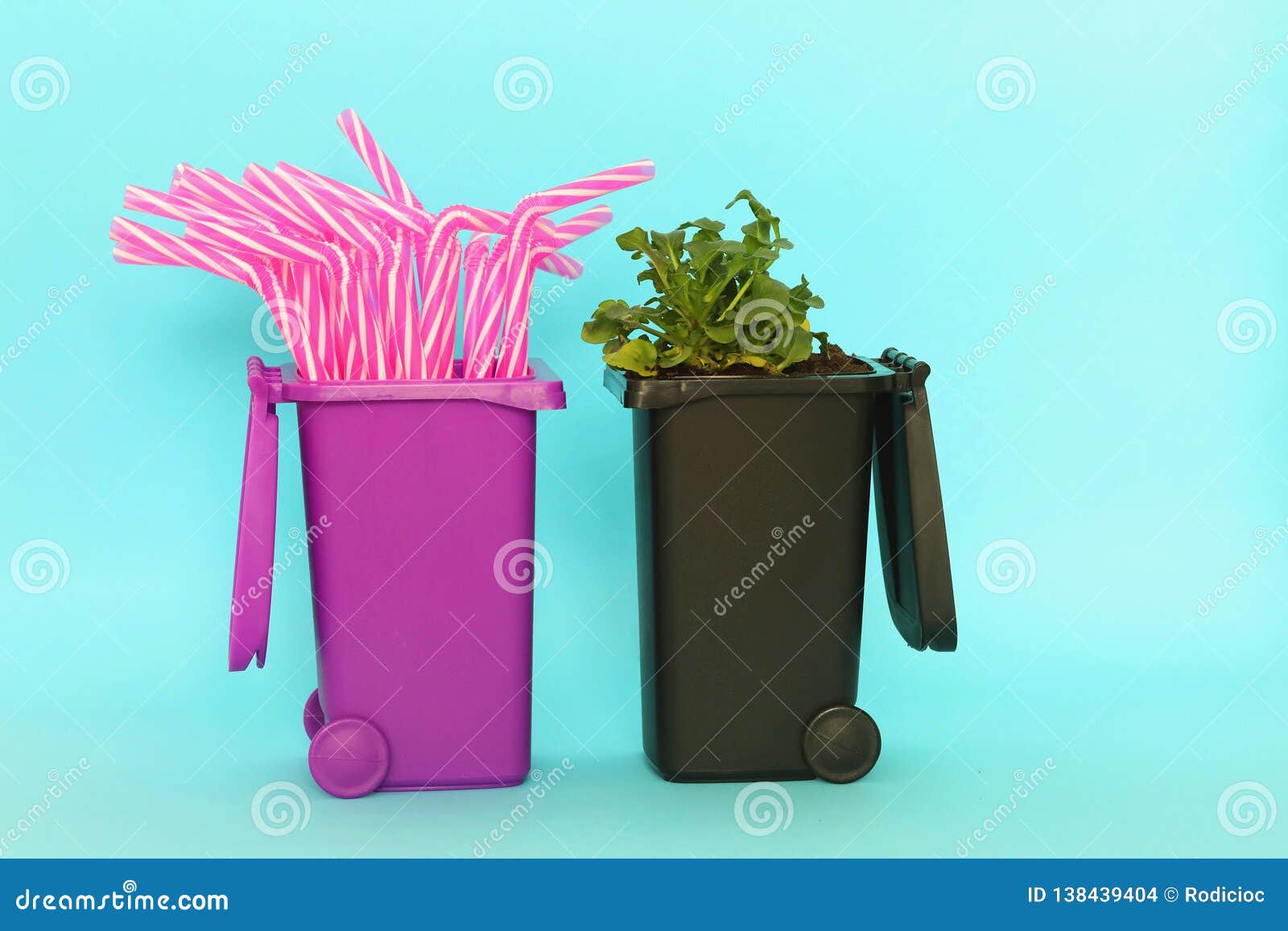 Garbage Pot Full of Plastic Straws and Other with a Natural Plant on a ...