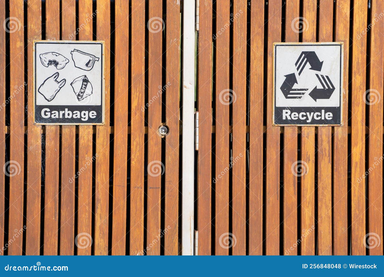 Garbage and Recycle Signs on Wooden Doors Stock Photo - Image of ...