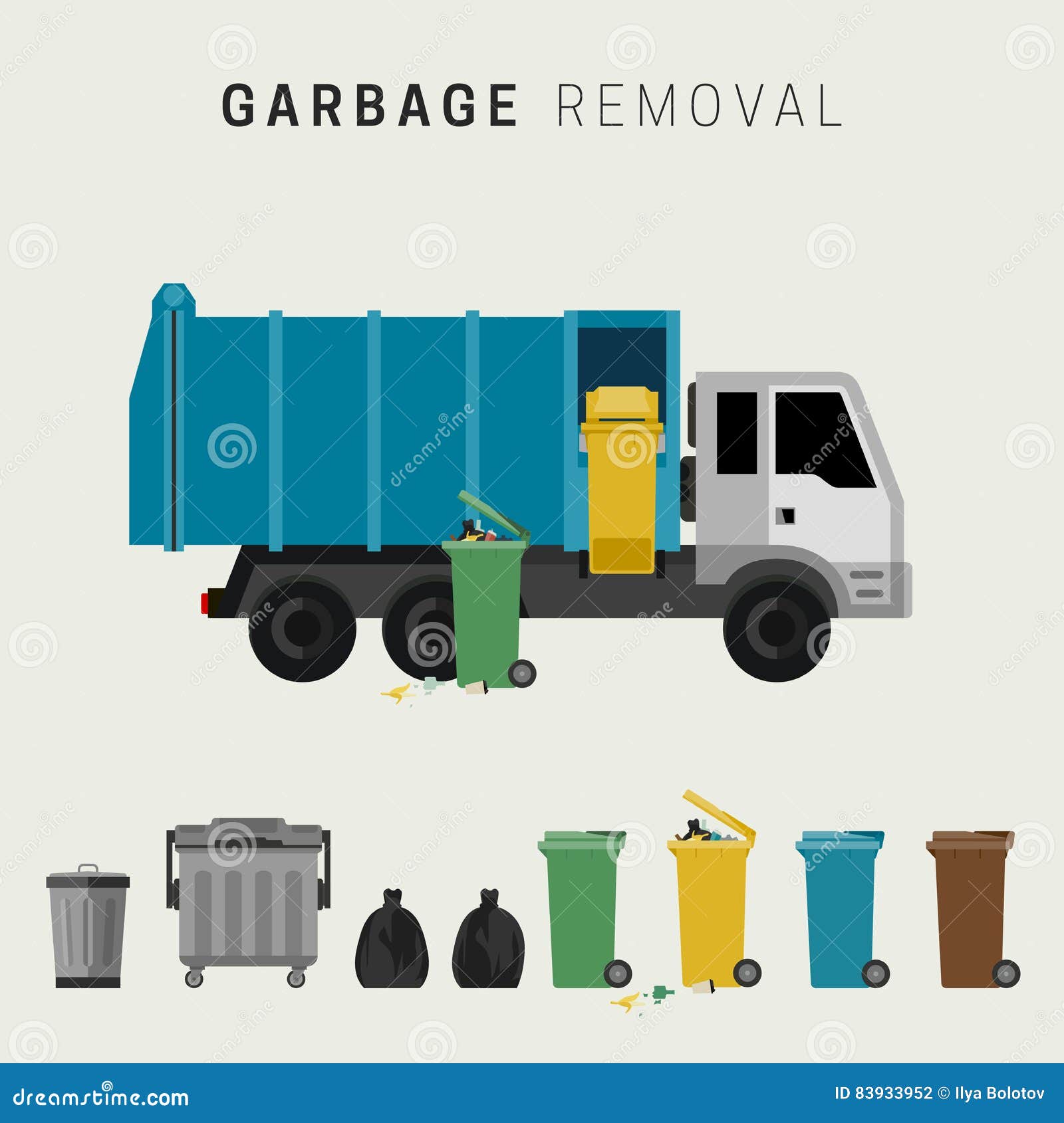 Garbage Removal. Cartoon Banner With Garbage Truck And Dumpsters On The ...