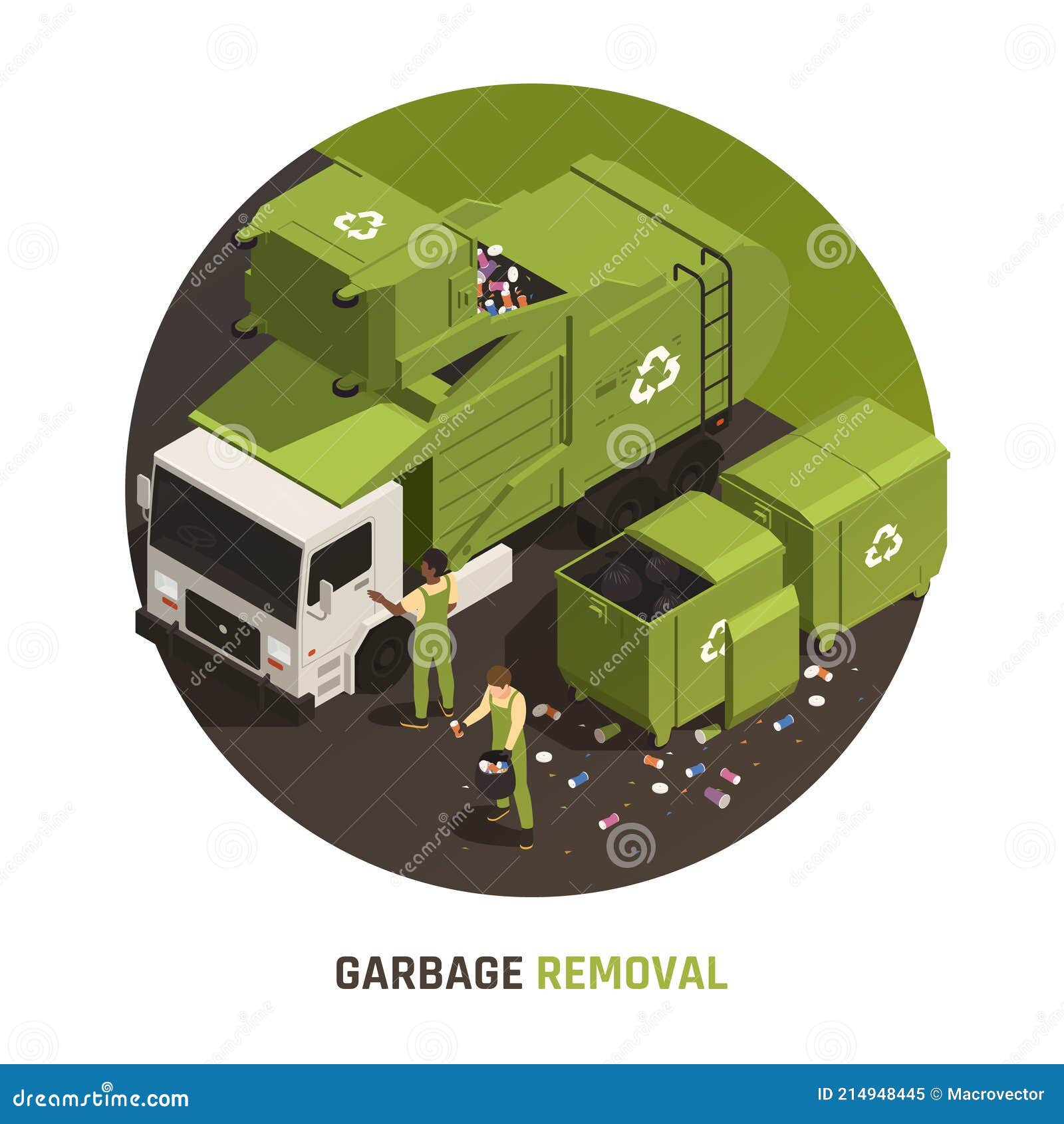 Garbage Removal. Cartoon Banner With Garbage Truck And Dumpsters On The ...