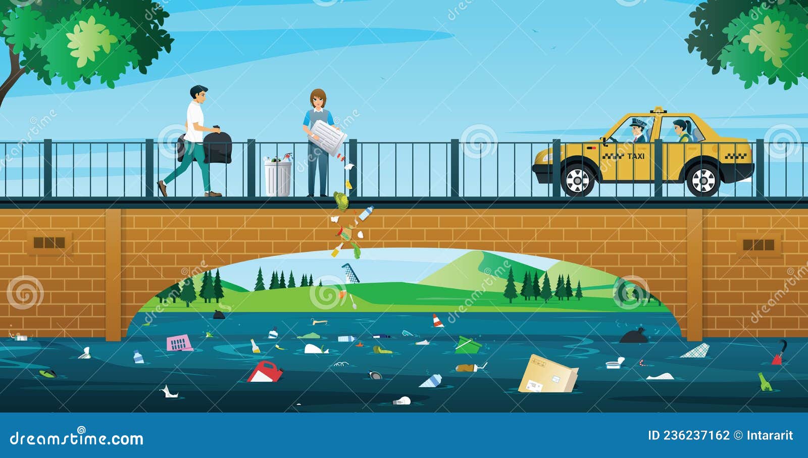 Garbage in the river. stock vector. Illustration of cartoon - 236237162