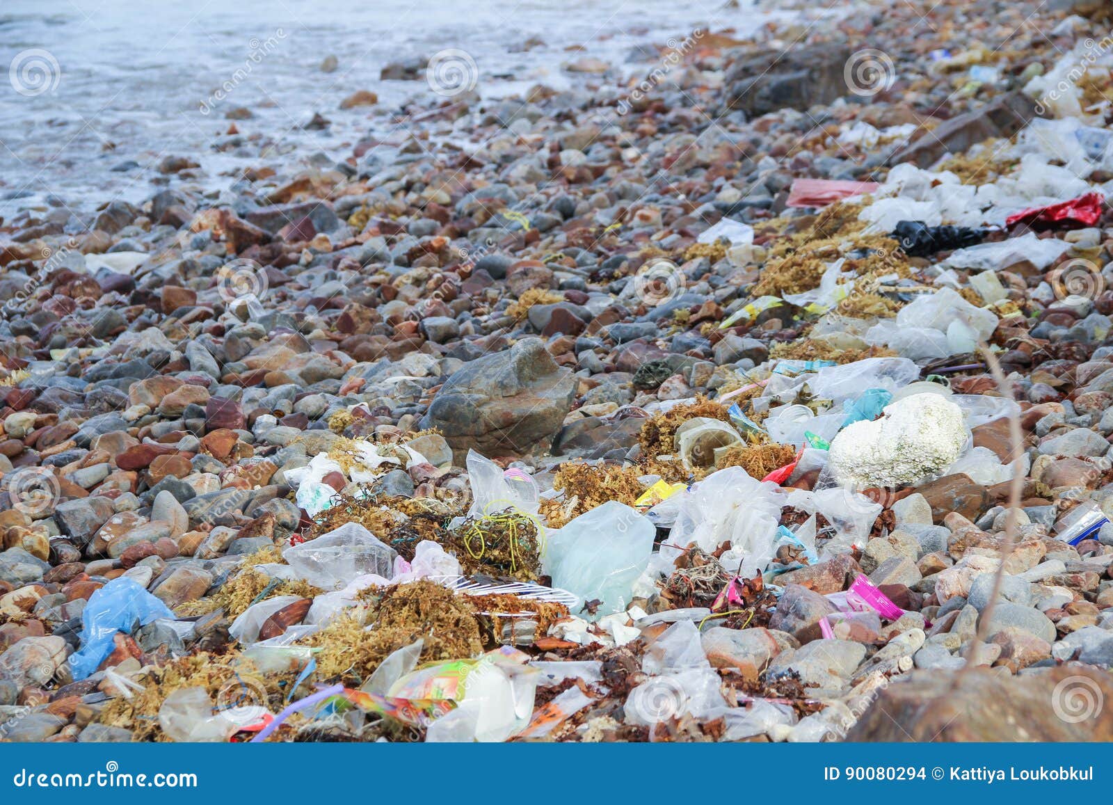 Garbage on the rock shore stock photo. Image of problem - 90080294