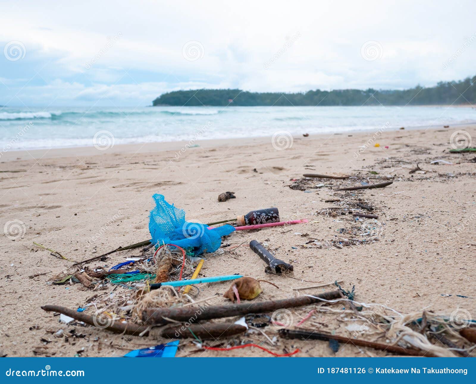 Garbage on sand beach stock photo. Image of stack, conservation - 187481126
