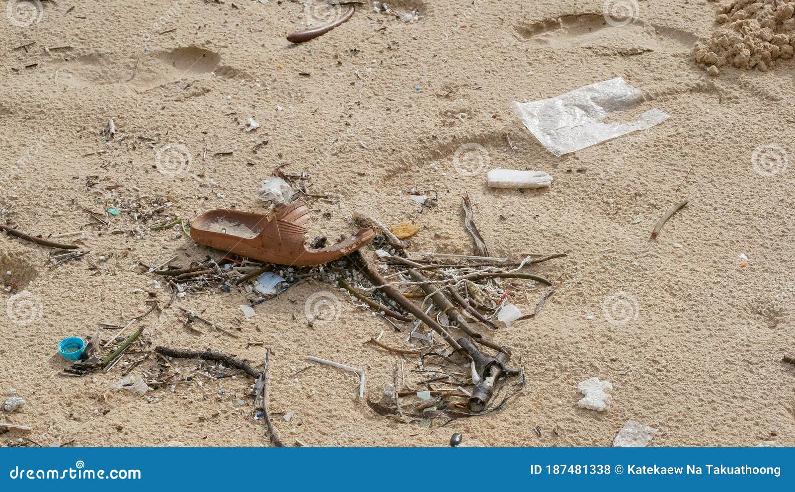 Garbage on sand beach stock photo. Image of coastline - 187481338