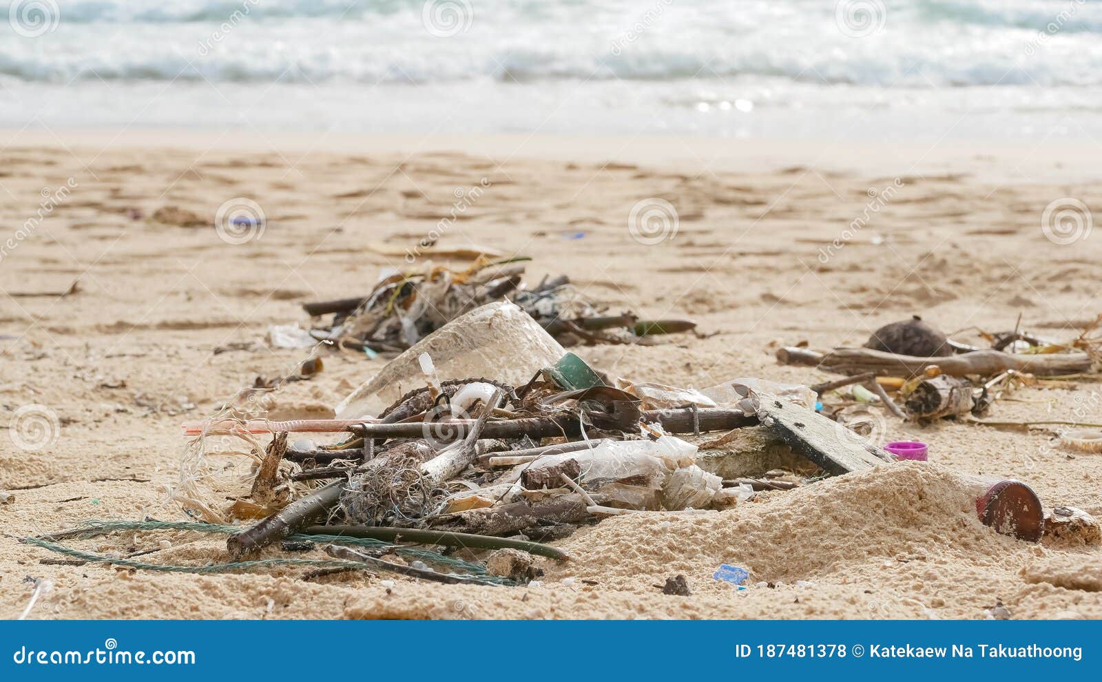 Garbage on sand beach stock photo. Image of destruction - 187481378