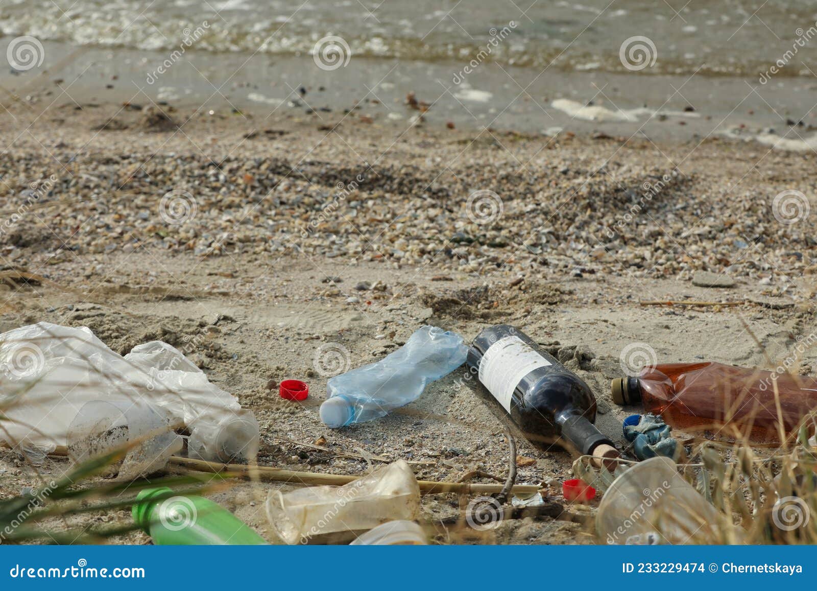 Garbage Scattered On Beach. Environment Pollution Problem Stock Photo ...