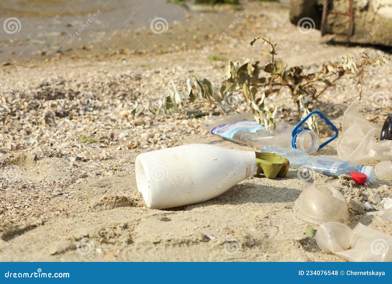 Garbage Scattered On Beach. Environment Pollution Problem Stock Photo ...