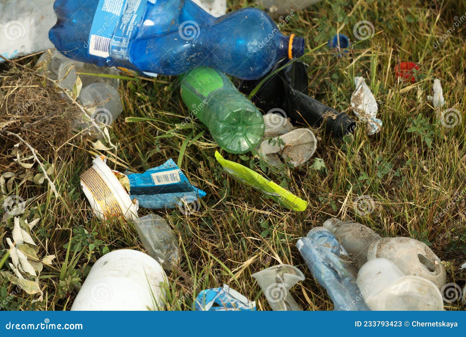 Garbage Scattered On Grass. Environment Pollution Problem Royalty-Free ...