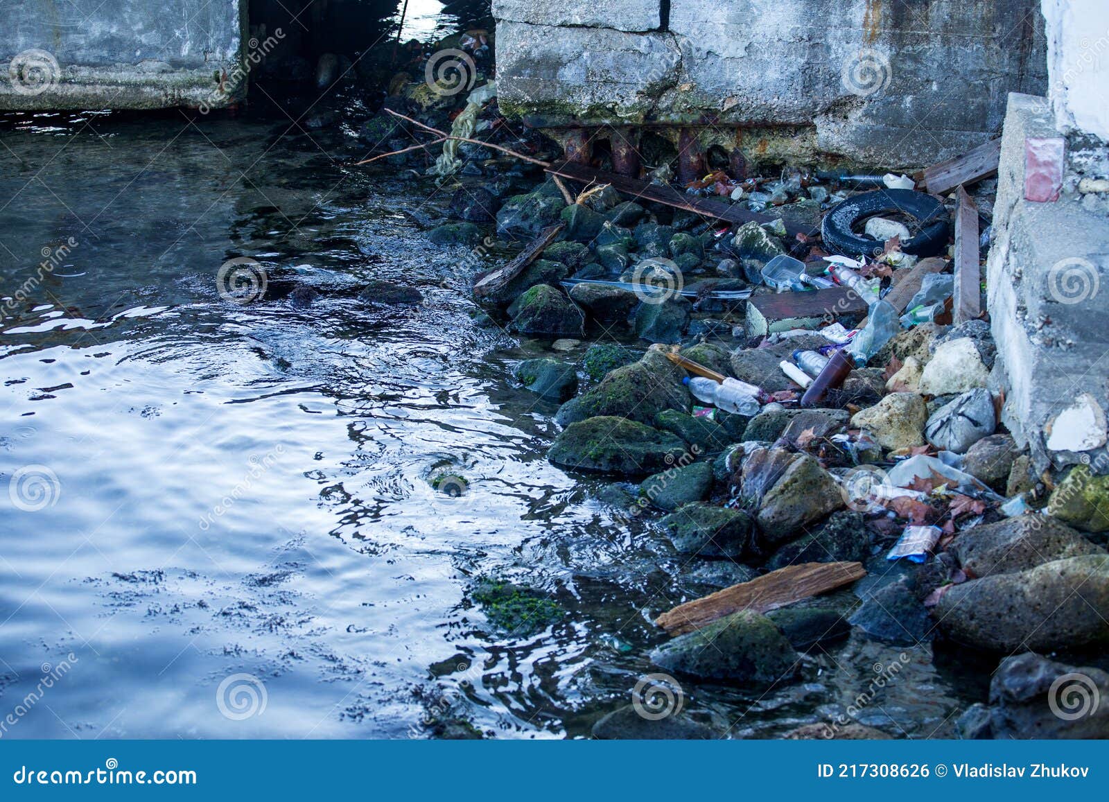 Garbage on the seashore stock photo. Image of liquid - 217308626