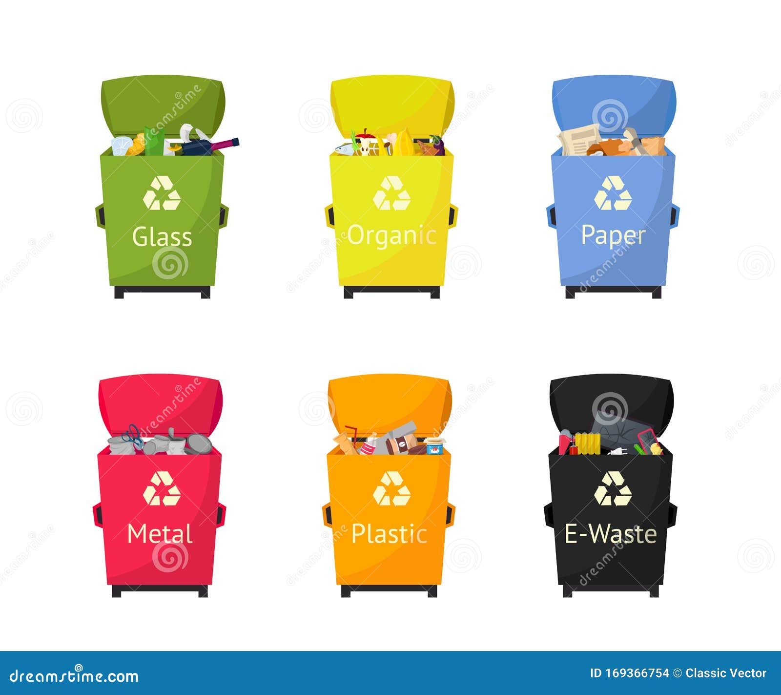 Garbage Sorting Bins Flat Vector Illustrations Set Stock Vector ...