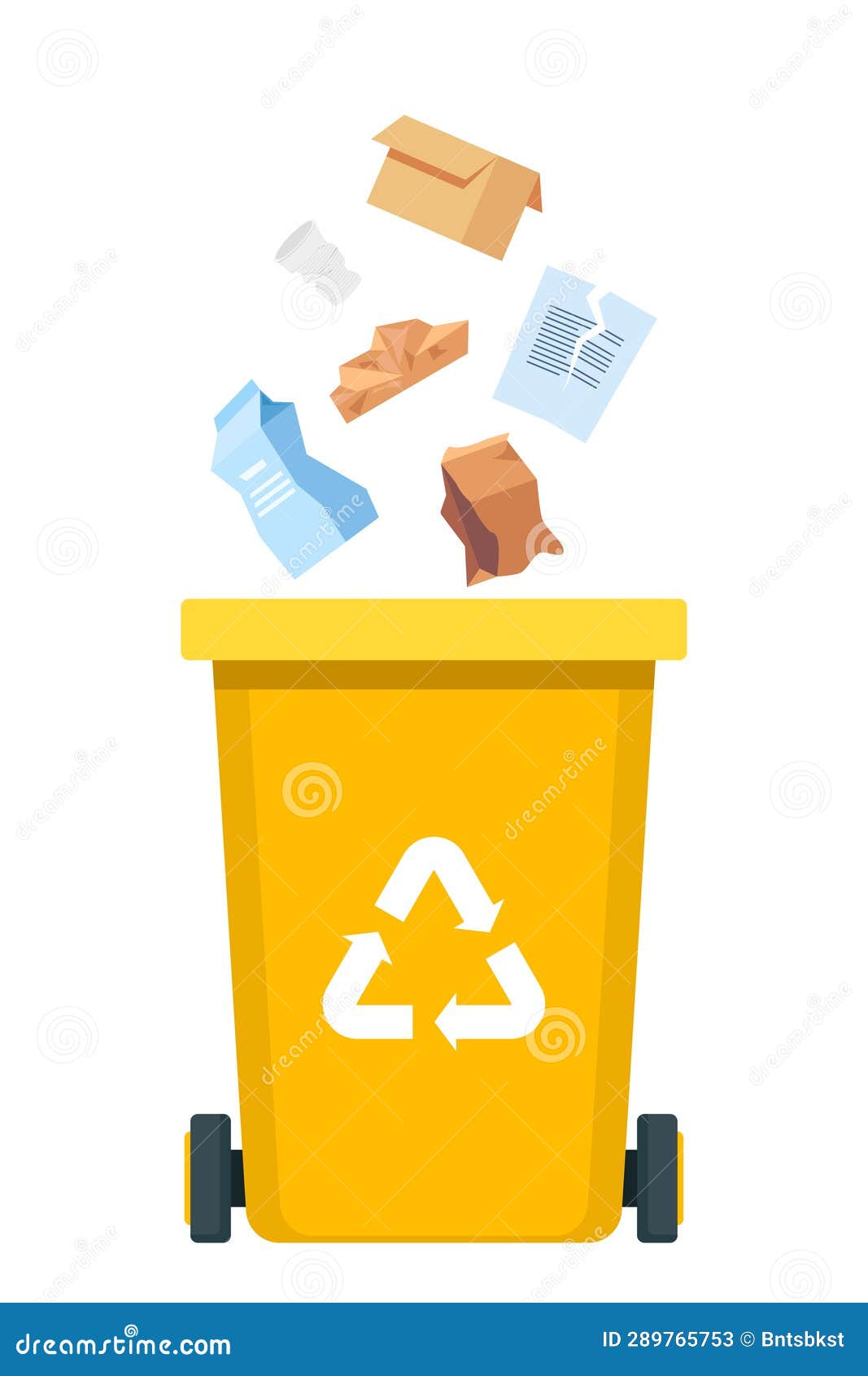 Garbage Sorting Set. Yellow Bin with Recycling Symbol for Paper Waste ...