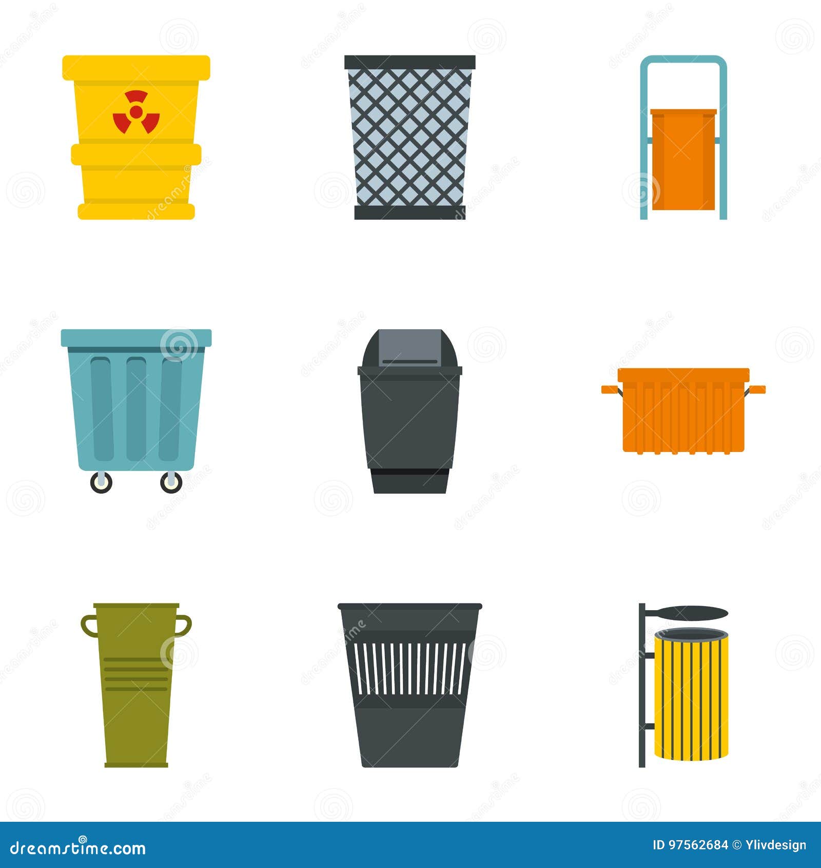Garbage Storage Icon Set, Flat Style Stock Vector - Illustration of ...
