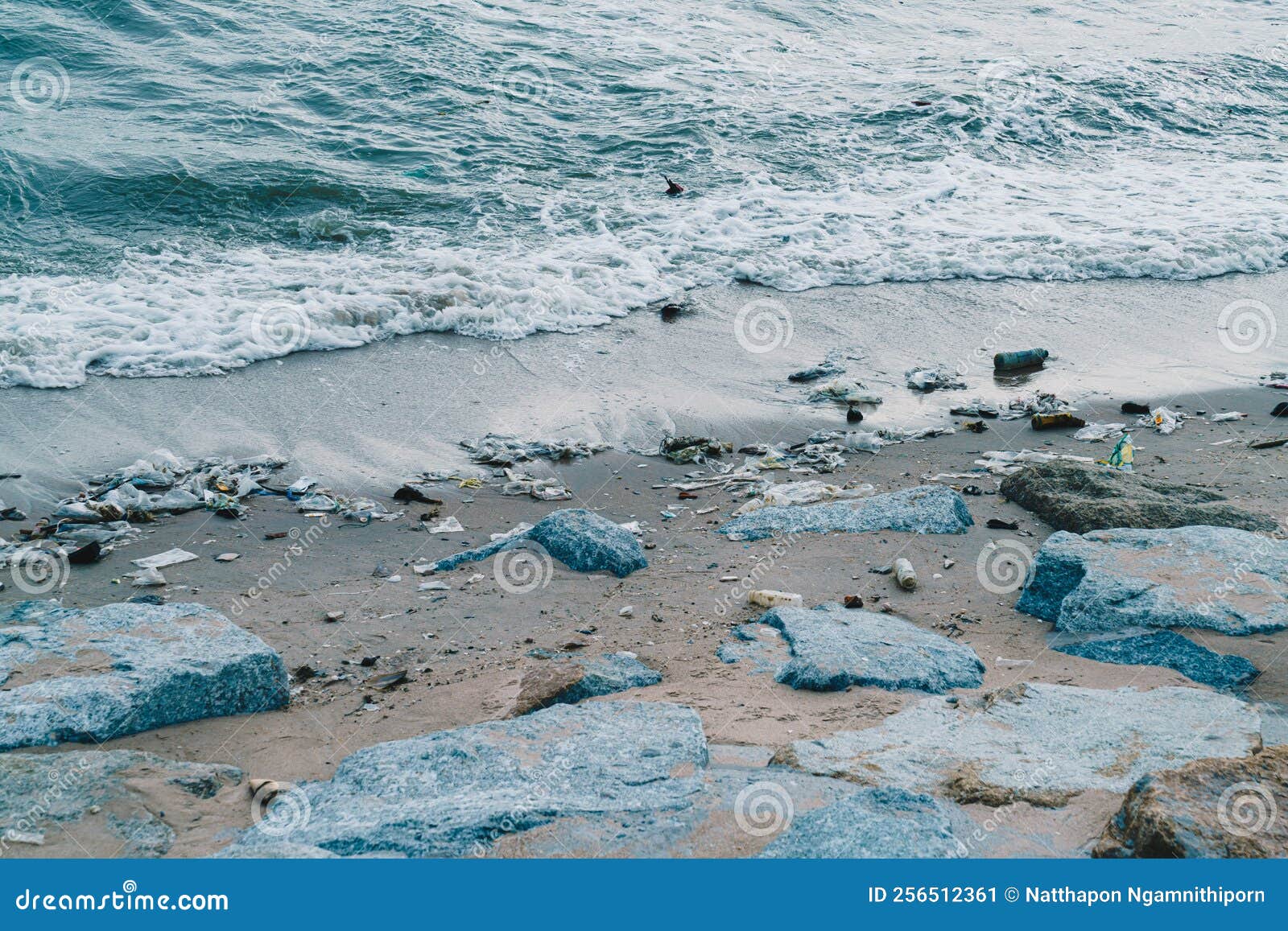 Garbage and trash on beach stock image. Image of environment - 256512361