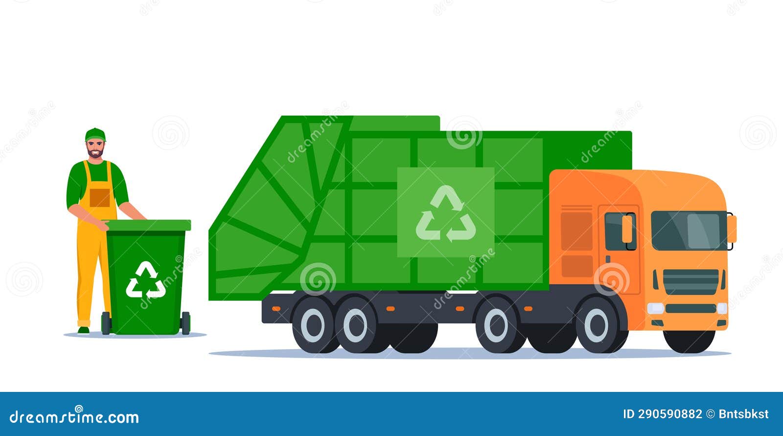 Garbage Truck And Sanitation Worker. Garbage Man In Uniform With Trash ...