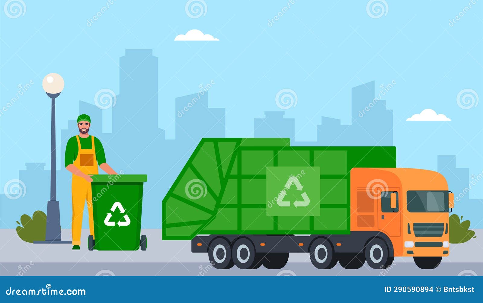 Garbage Truck and Sanitation Worker. Garbage Man in Uniform with Trash ...