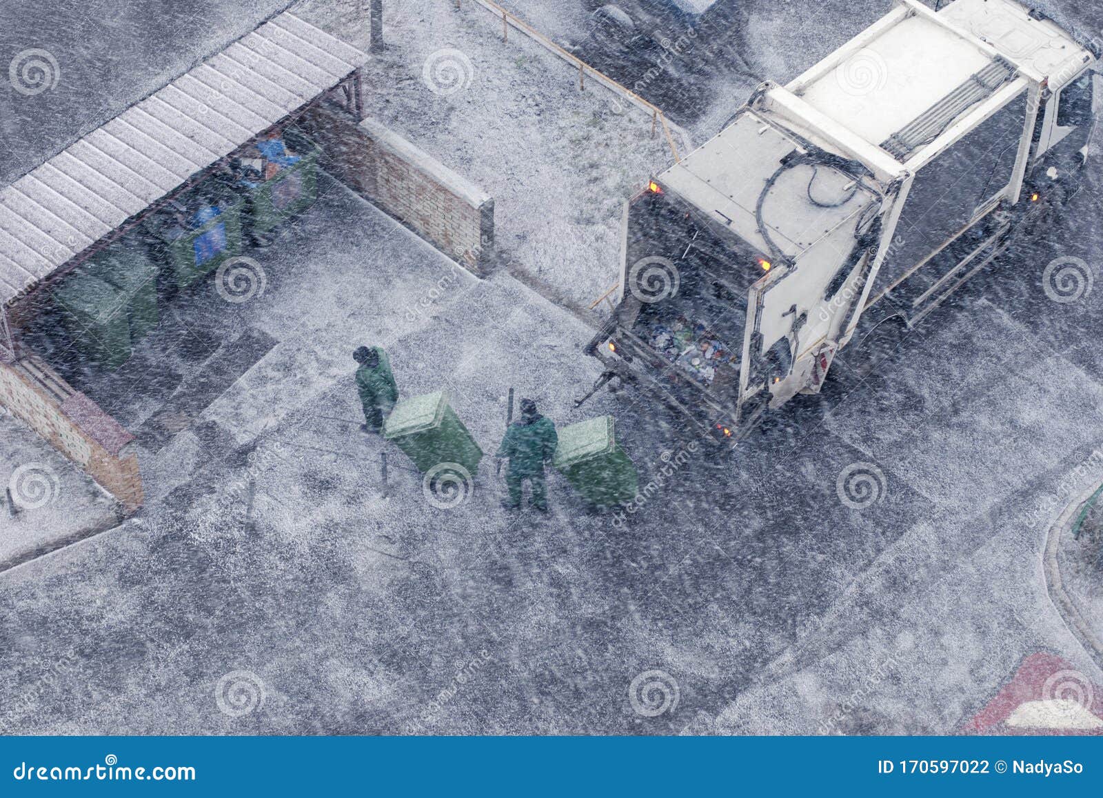 Garbage Truck and Workers in Snow Storm Stock Photo - Image of aerial ...