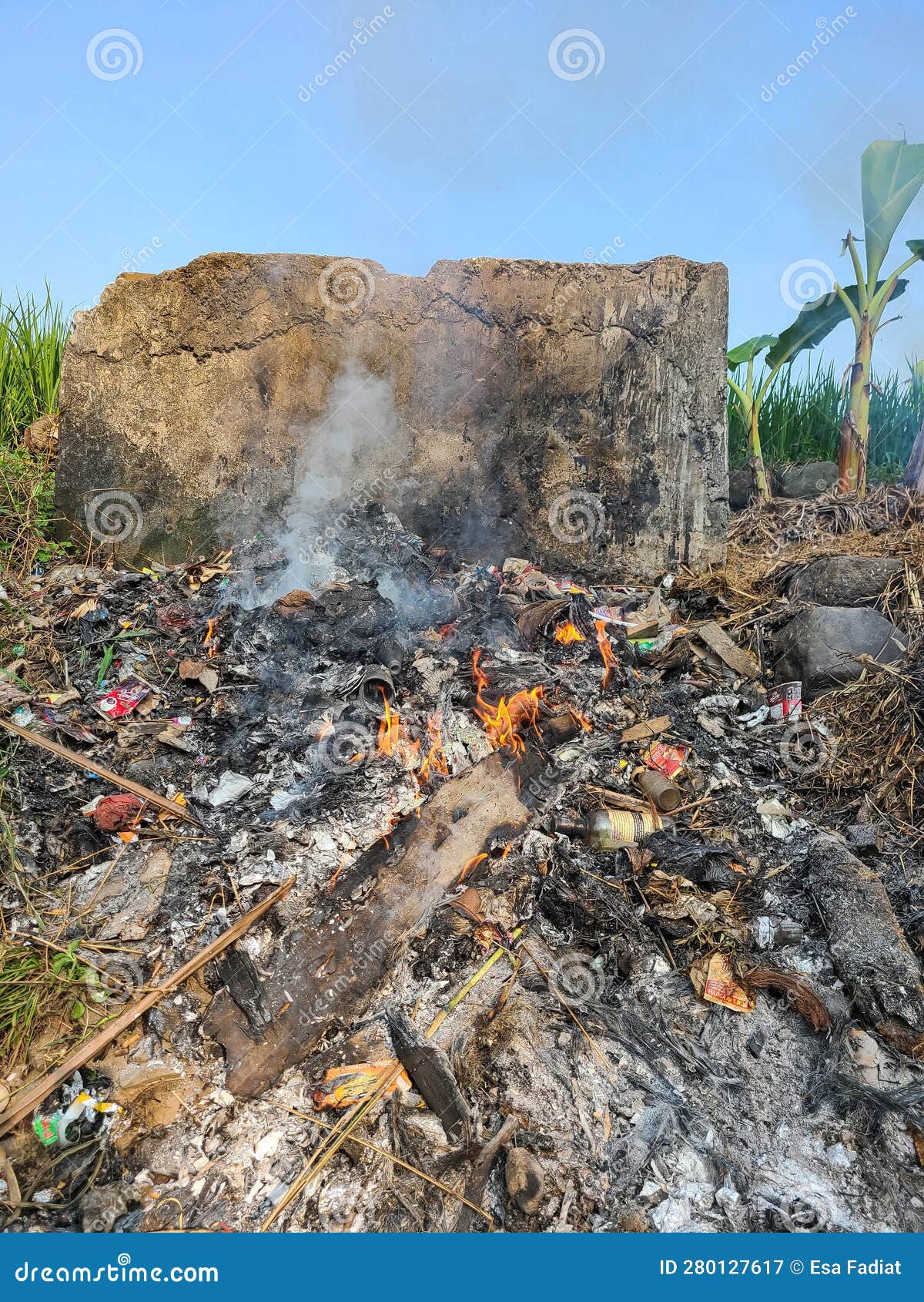 Garbage and Useless Items are Burned on the Edge of the Rice Fields ...