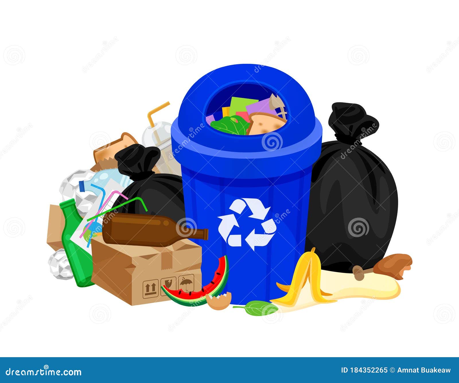Garbage Waste And Bag Plastic At Blue Recycle Bin Isolated On White ...