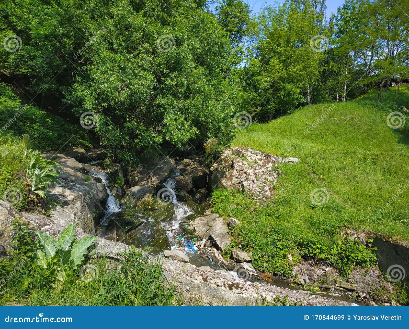 Garbage and Waterfall at Spring Landscape Stock Image - Image of ...