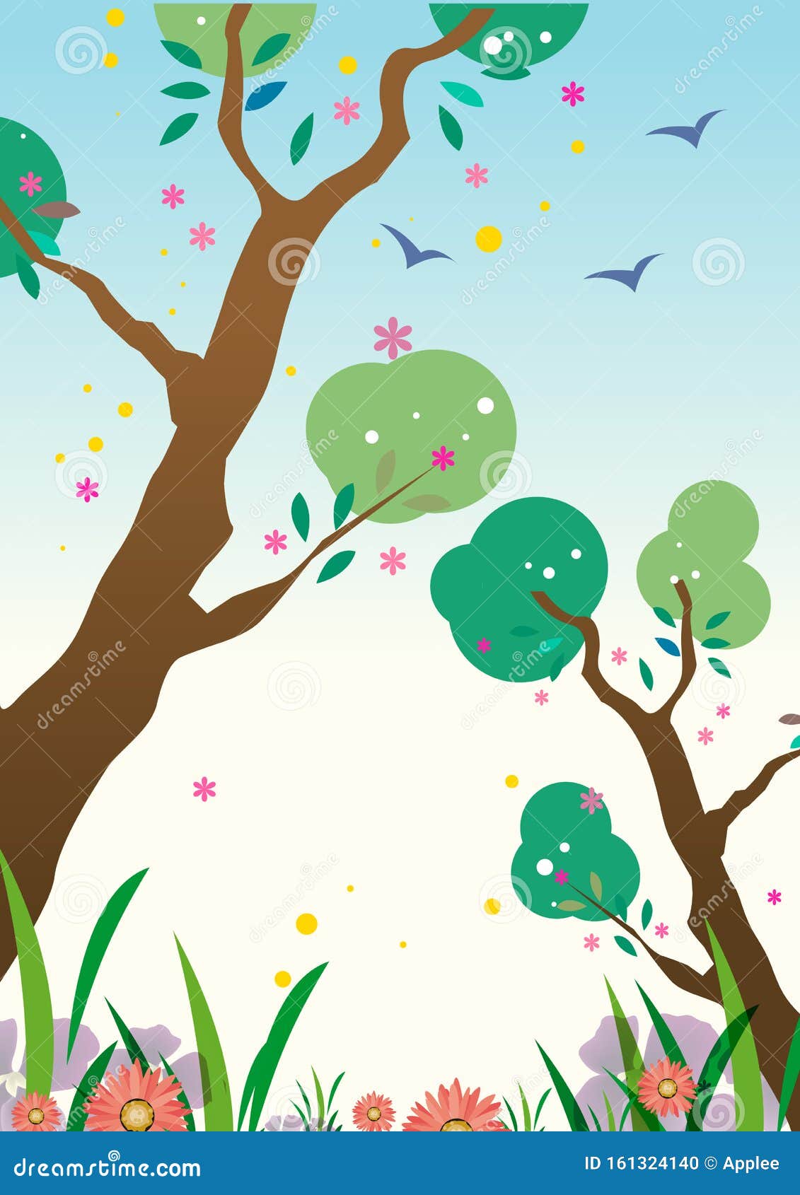 Illustrated Birds and Trees Stock Vector - Illustration of blooming ...