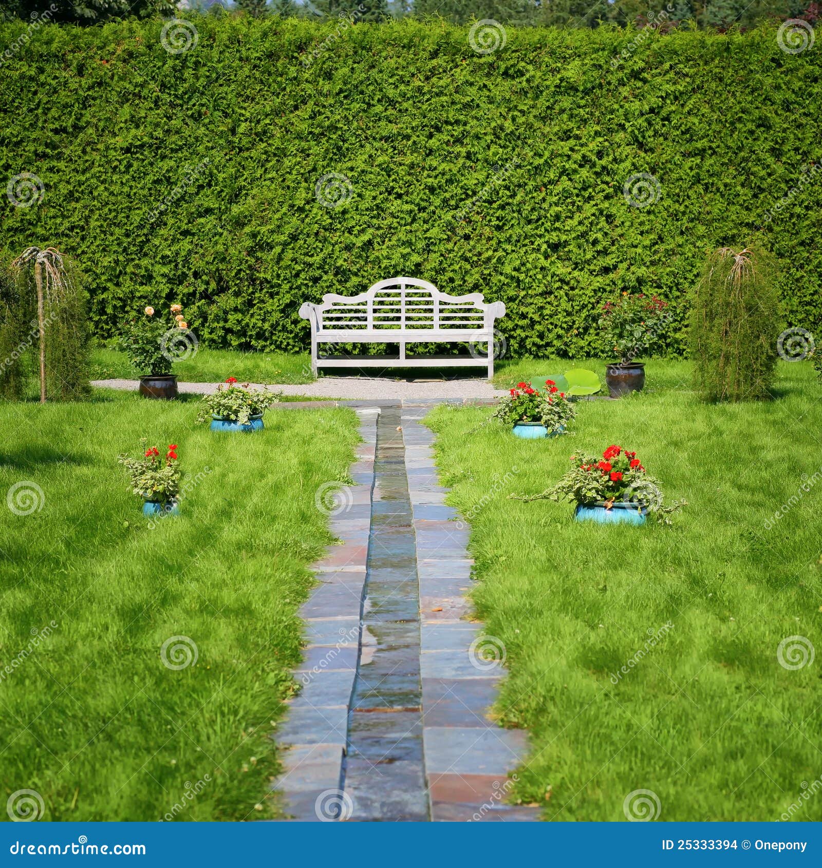 Garden Bench stock photo. Image of shrub, summer, lawn - 25333394