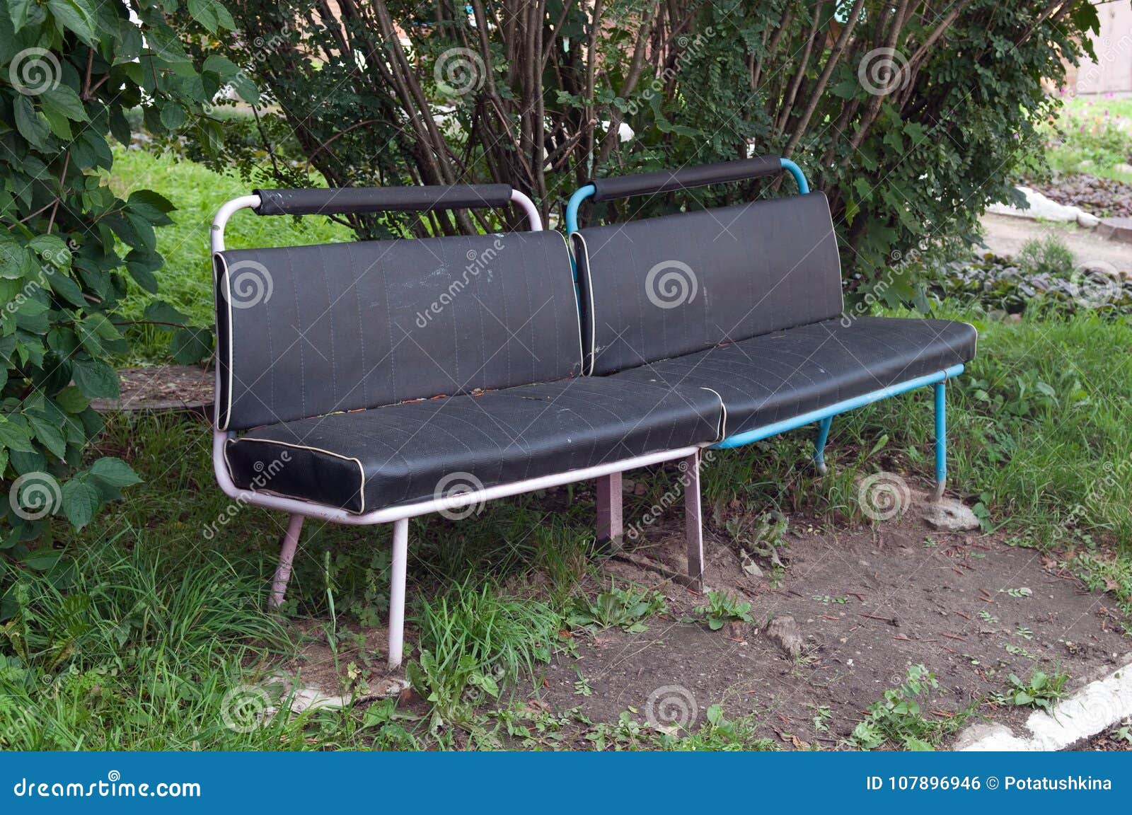 Garden Bench Made of Old Bus Seats Stock Photo - Image of steel ...