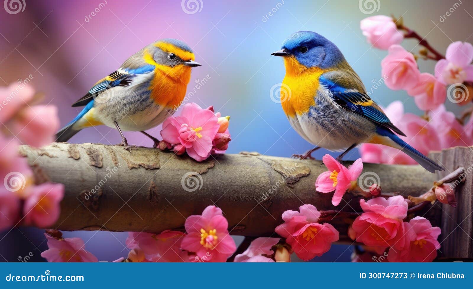 Garden Birds on the Branch with Spring Flowers Stock Illustration ...