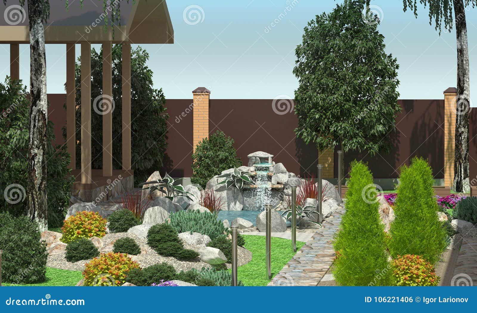 Garden Design. a Small Pond with a Waterfall. Garden Plot Stock ...