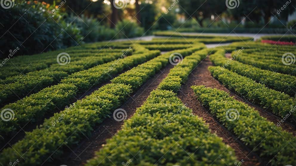 A Garden Divided into Different Sections by Intersecting Pathways in ...