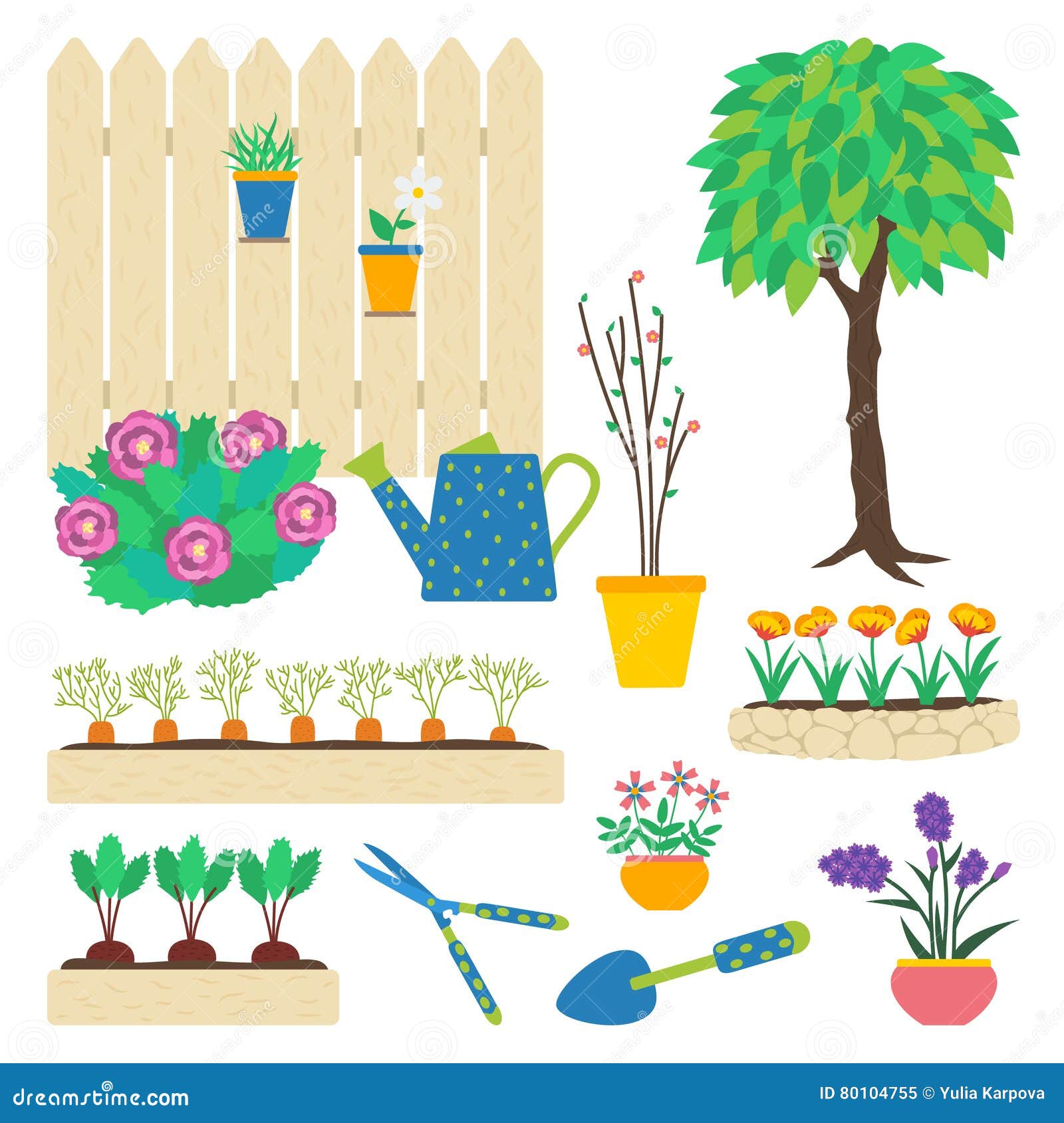 Garden elements set stock vector. Illustration of plants - 80104755