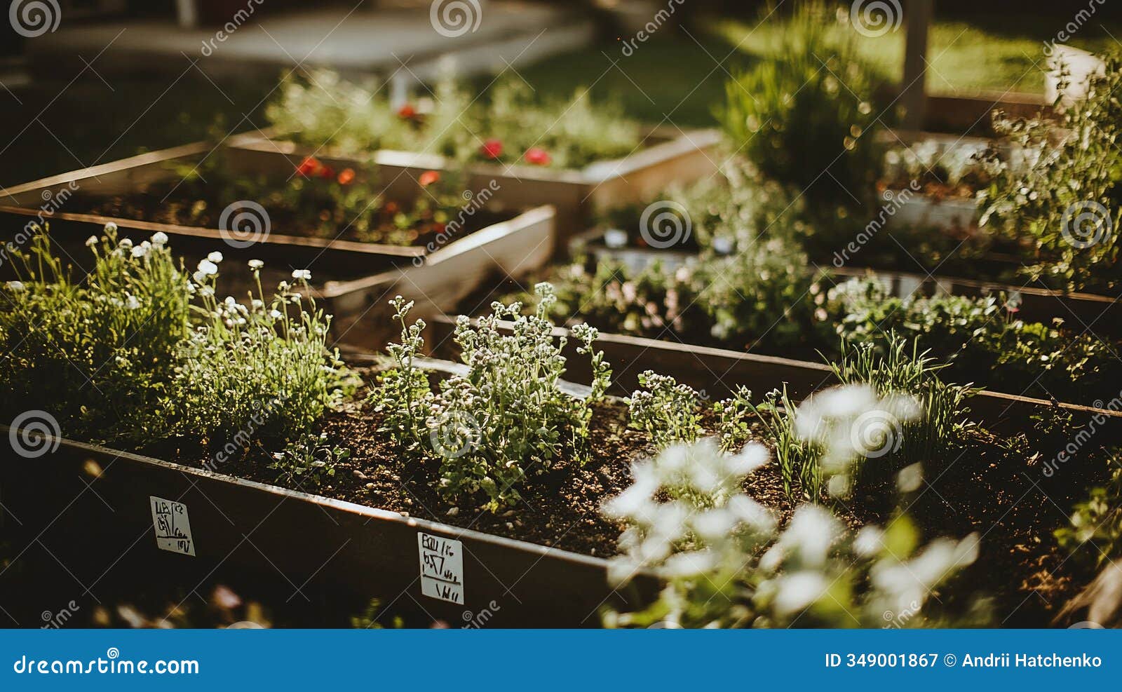 A Garden Featuring Raised Beds with Labeled Rows for Different Plants ...