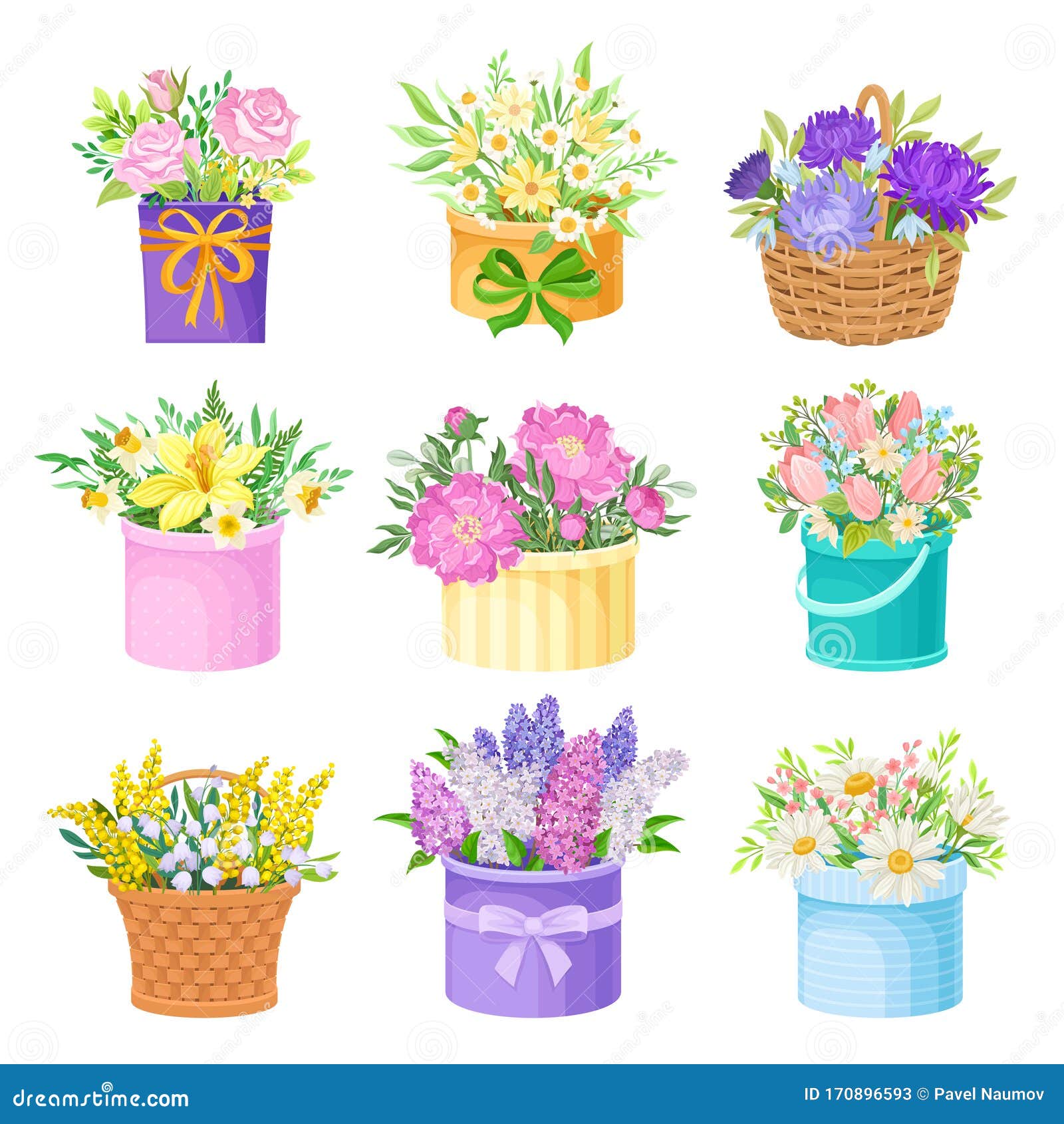 Garden Flowers in Baskets and Carton Boxes Vector Set Stock Vector ...