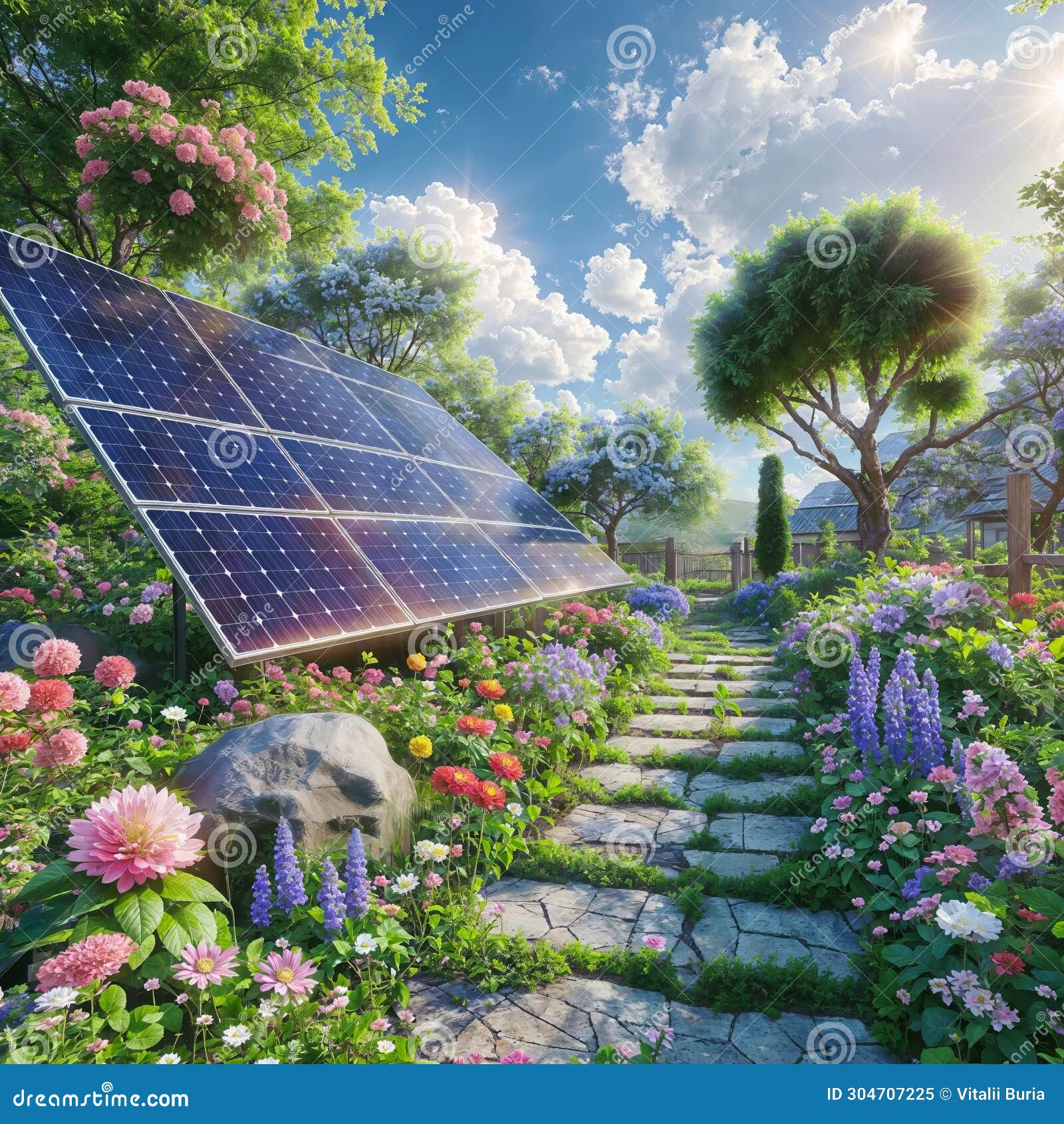 A Garden Scene with Flowers, Trees, and a Solitary Solar Panel ...