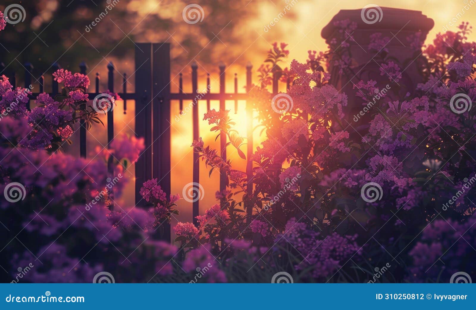 Garden Gate at Sunset with Red Roses and Sun in the Sky Stock Photo ...