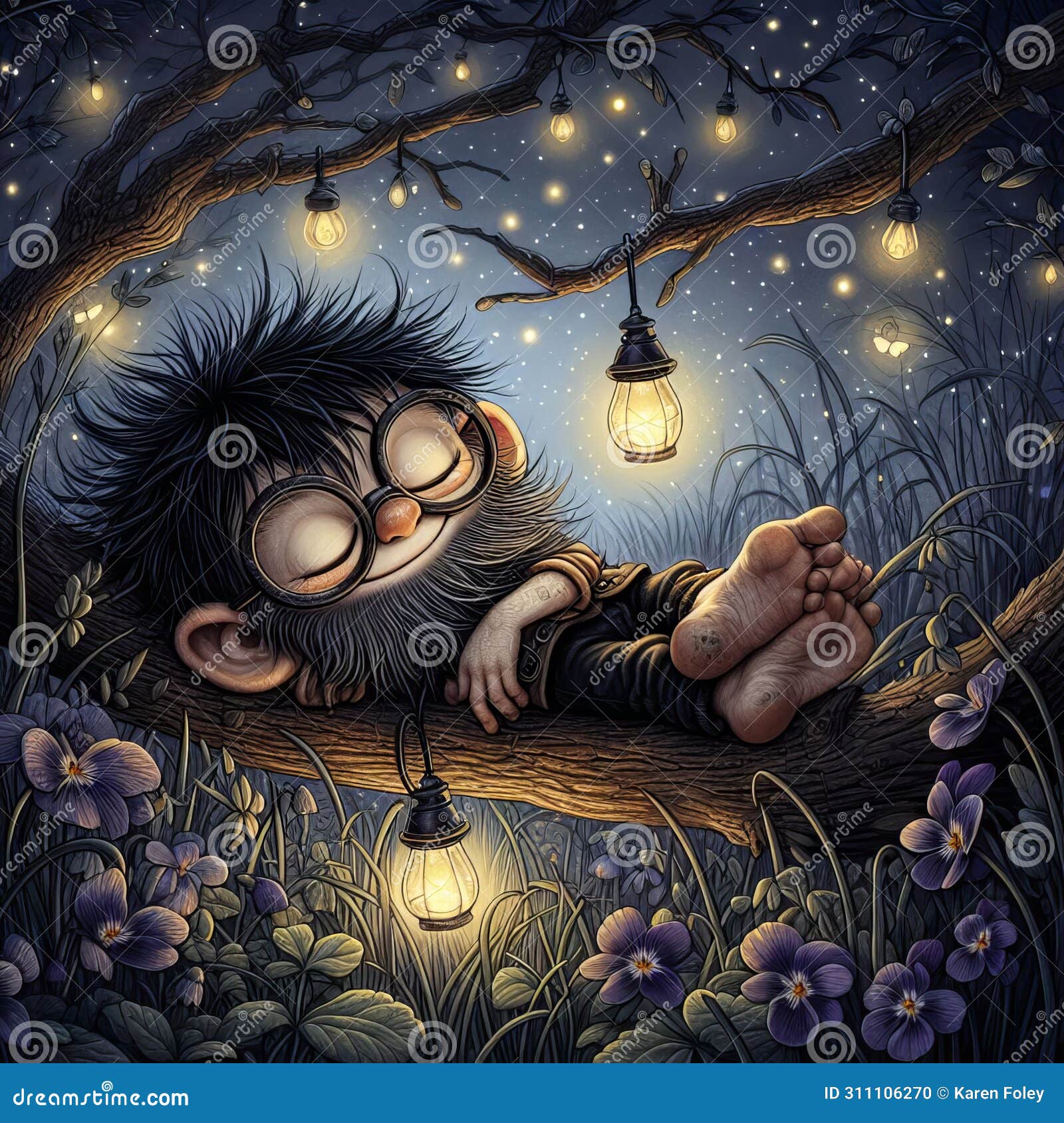 Garden Gnome Sleeping with Fireflies Stock Illustration - Illustration ...