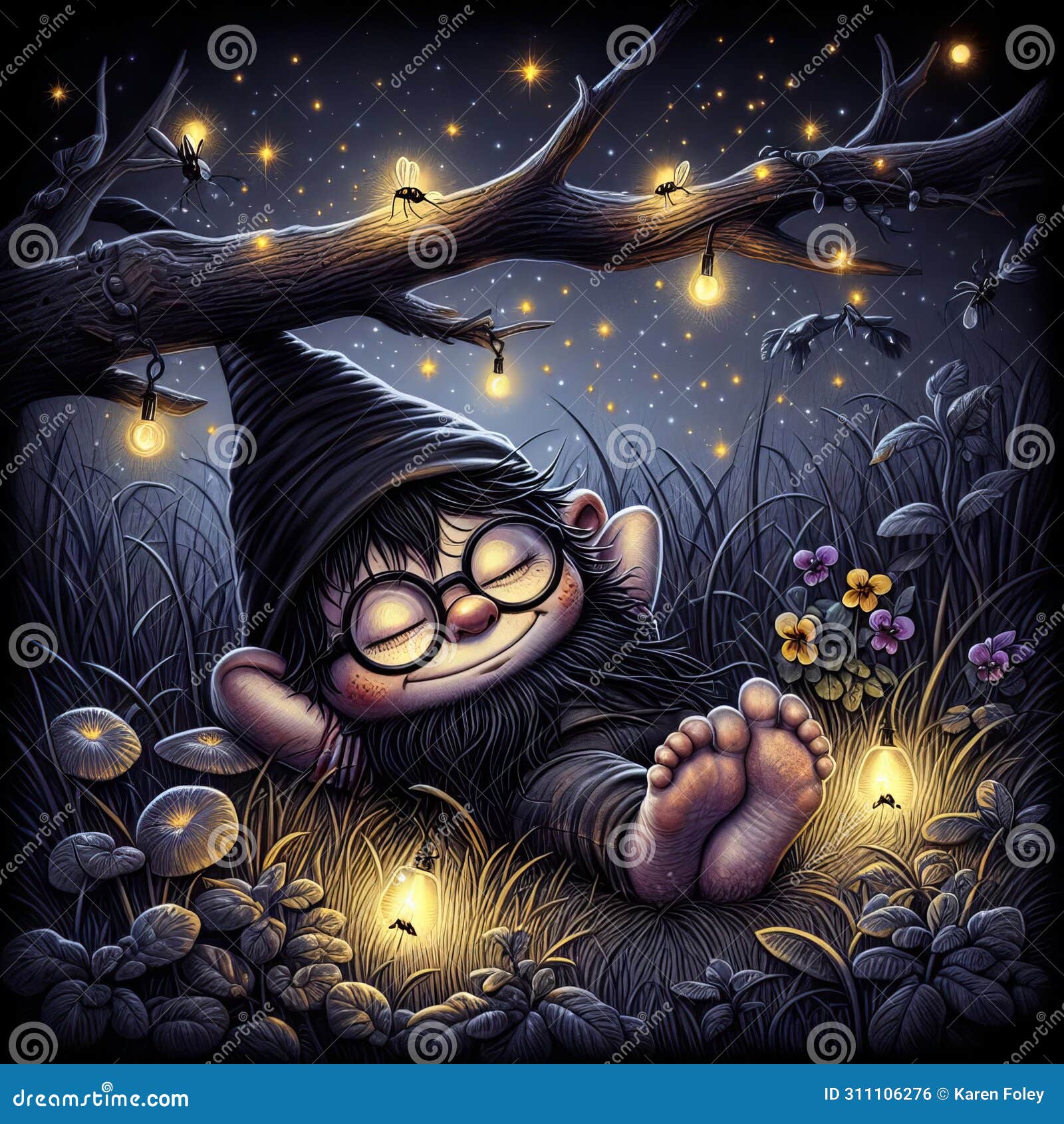 Garden Gnome Sleeping with Fireflies Stock Illustration - Illustration ...