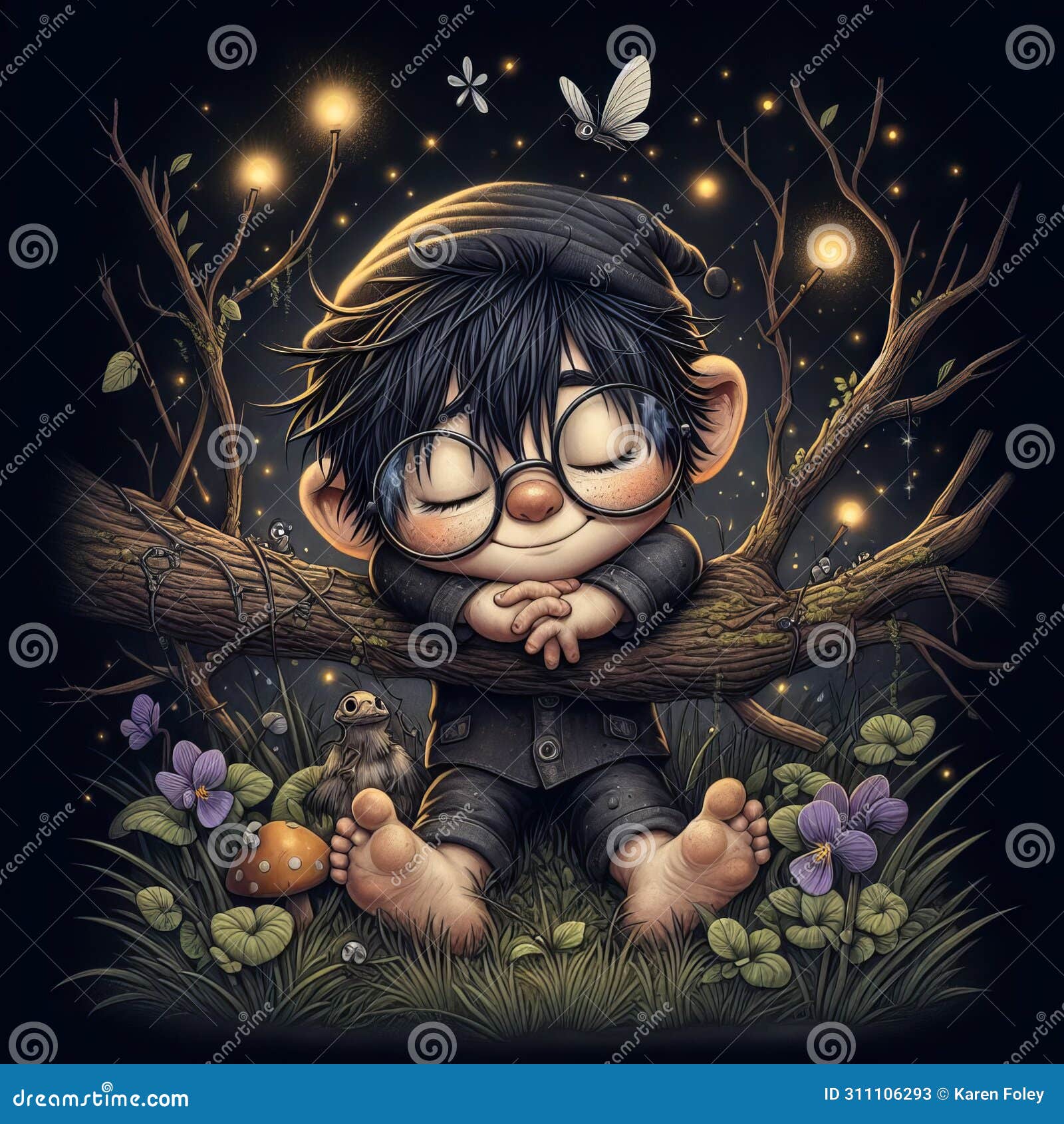 Garden Gnome Sleeping with Fireflies Stock Illustration - Illustration ...