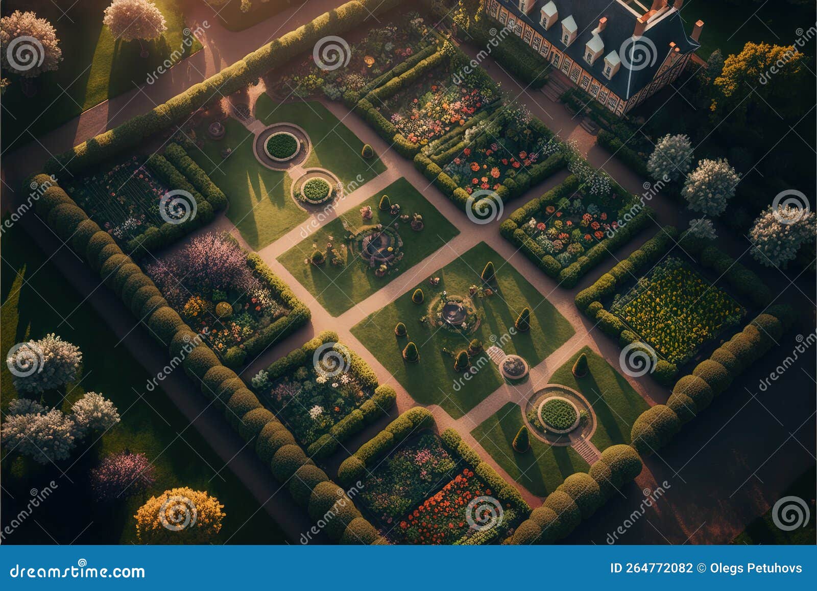 A Garden with a Lot of Flowers and Trees in it and a Building in the Background with a Clock ...