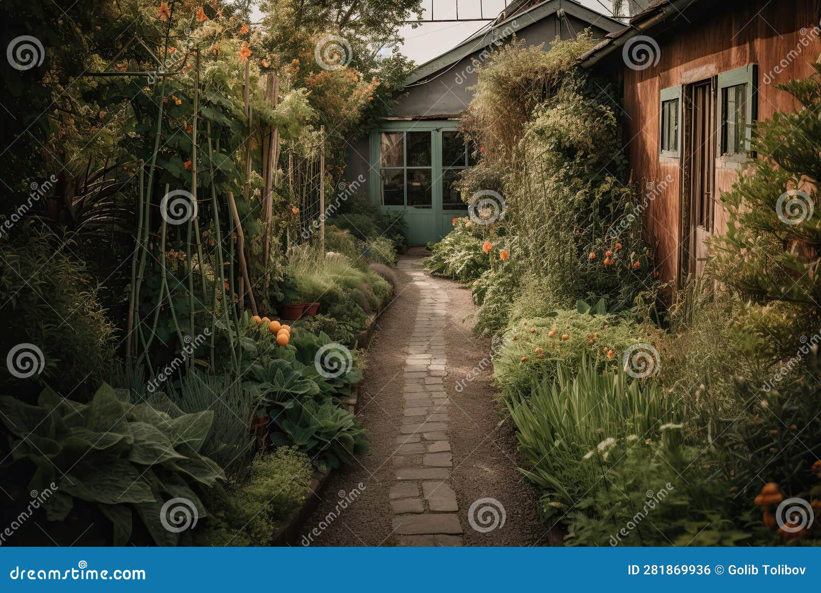 A Garden Path in Front of a House with Plants Stock Illustration ...