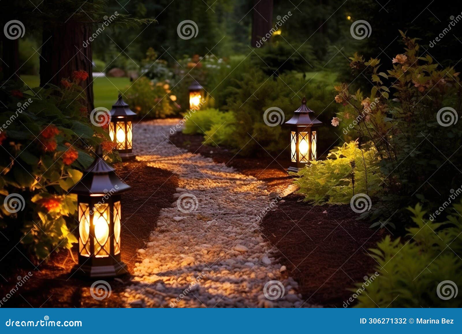 Garden Path Illuminated by Lanterns. Landscape Design Stock Photo ...