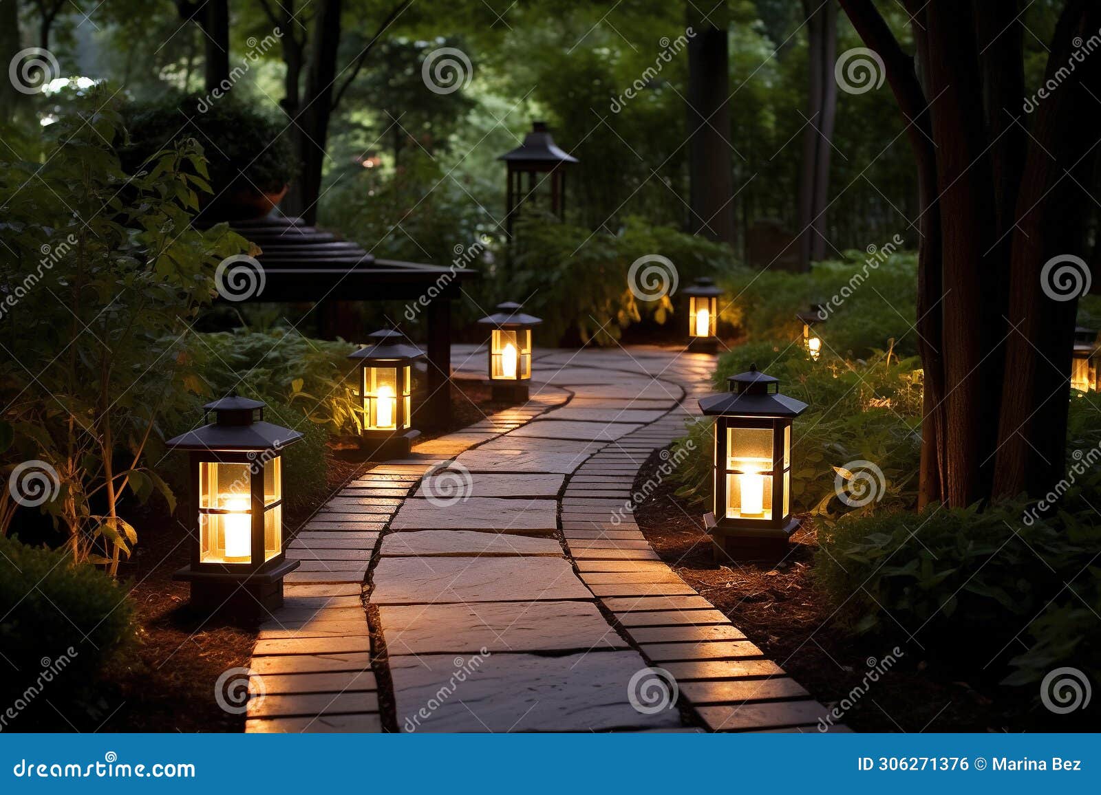 Garden Path Illuminated by Lanterns. Landscape Design Stock Photo ...
