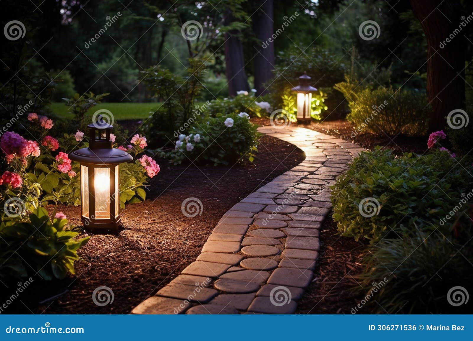 Garden Path Illuminated by Lanterns. Landscape Design Stock Photo ...