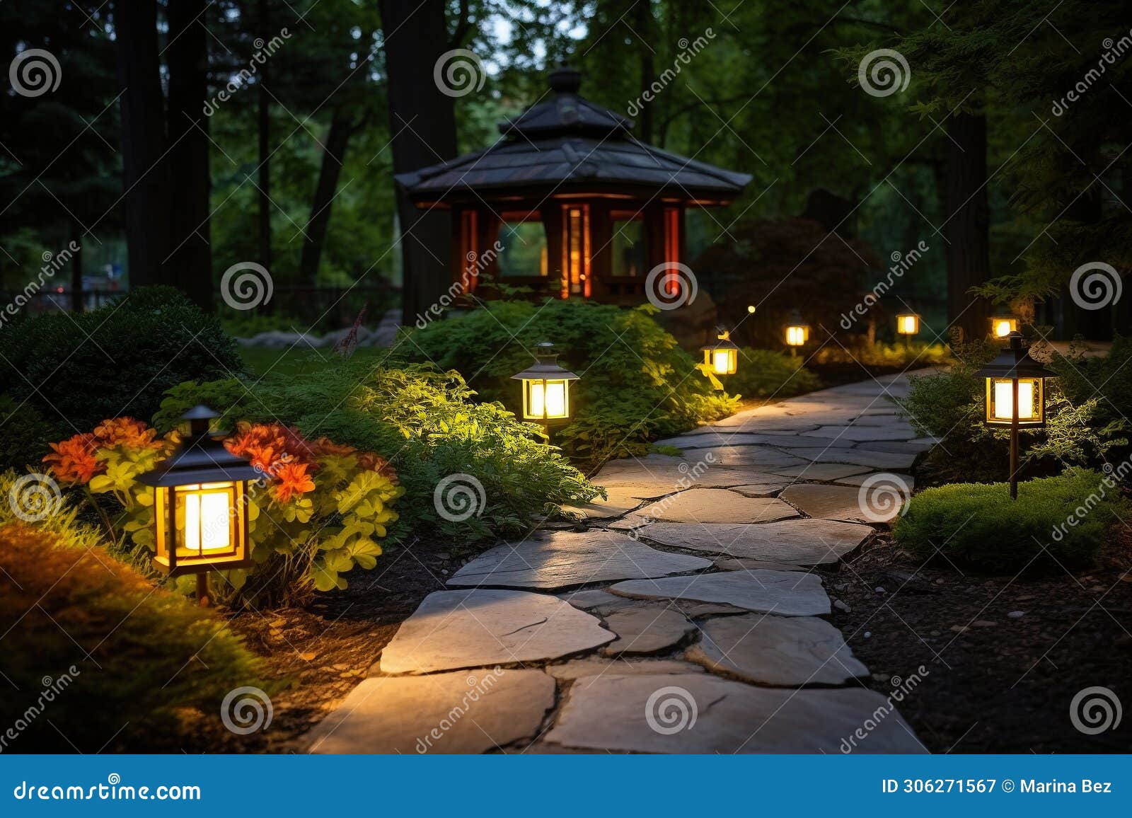 Garden Path Illuminated by Lanterns. Landscape Design Stock Image ...