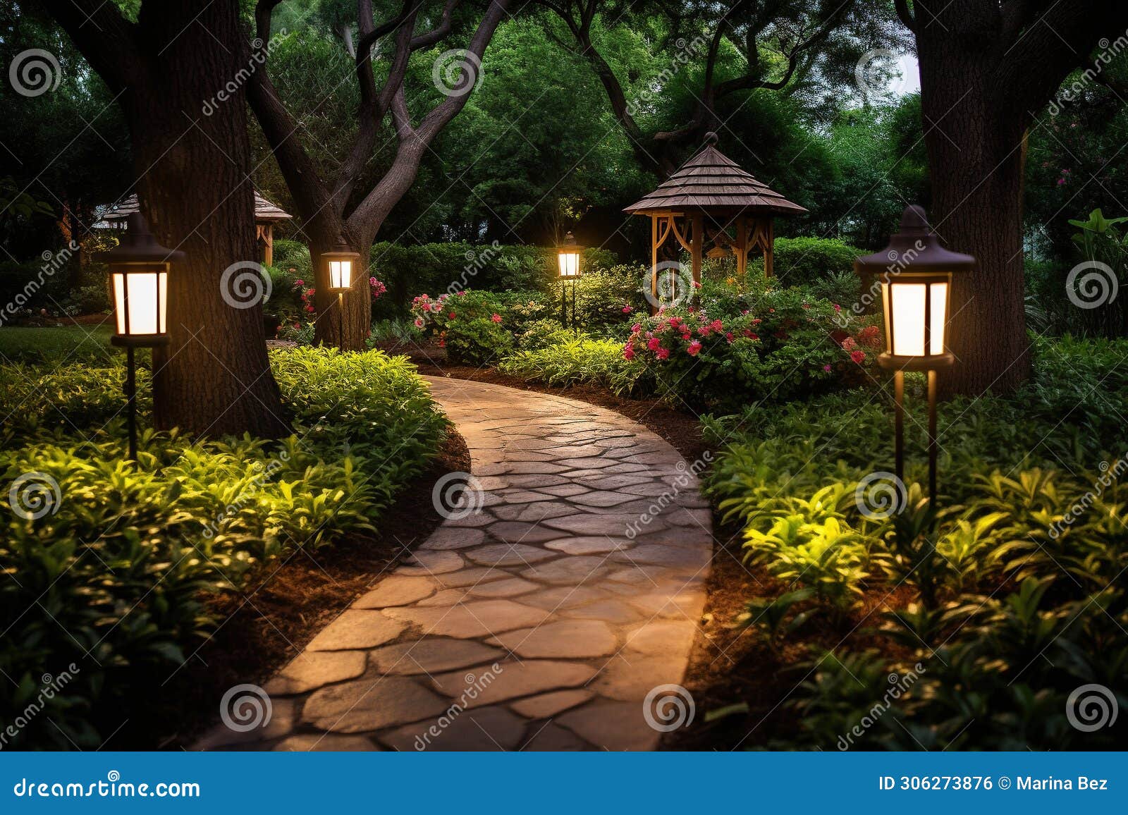 Garden Path Illuminated by Lanterns. Landscape Design Stock Photo ...