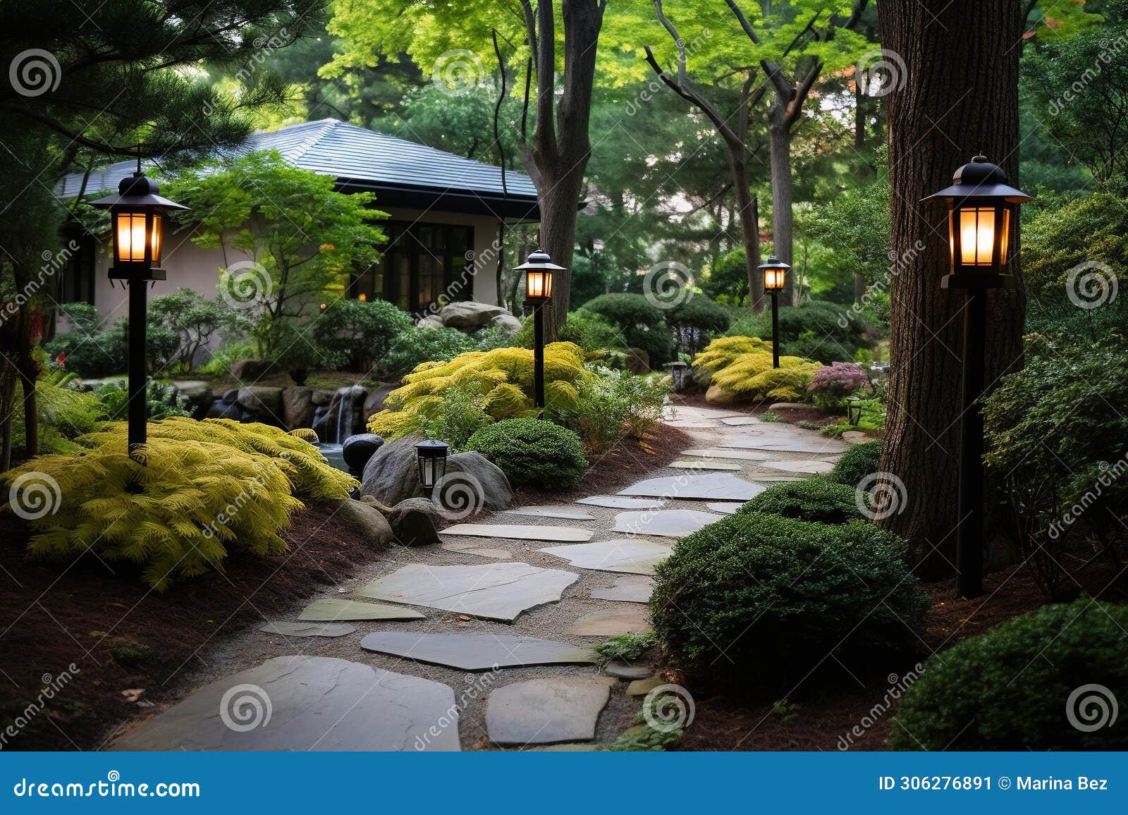 Garden Path Illuminated by Lanterns. Landscape Design Stock Image ...