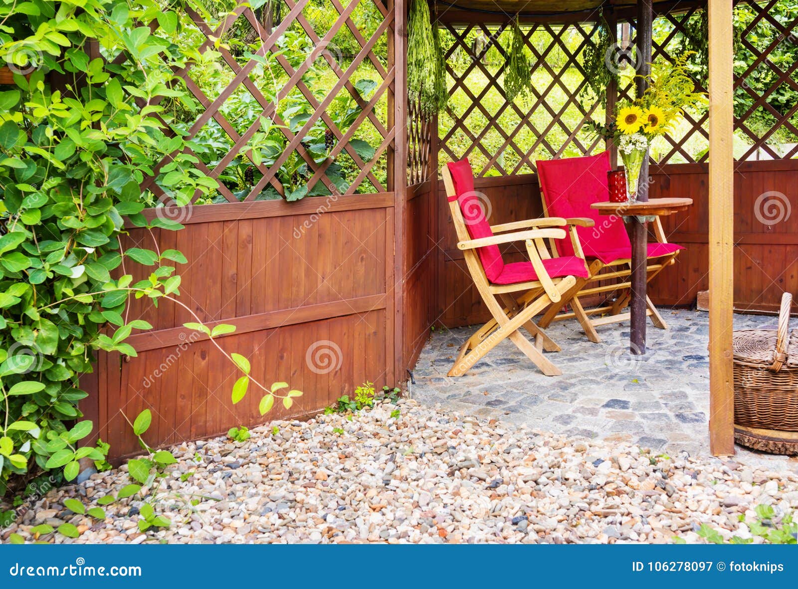 Garden Pavilion with Trellis and Sitting Area Stock Image - Image of ...